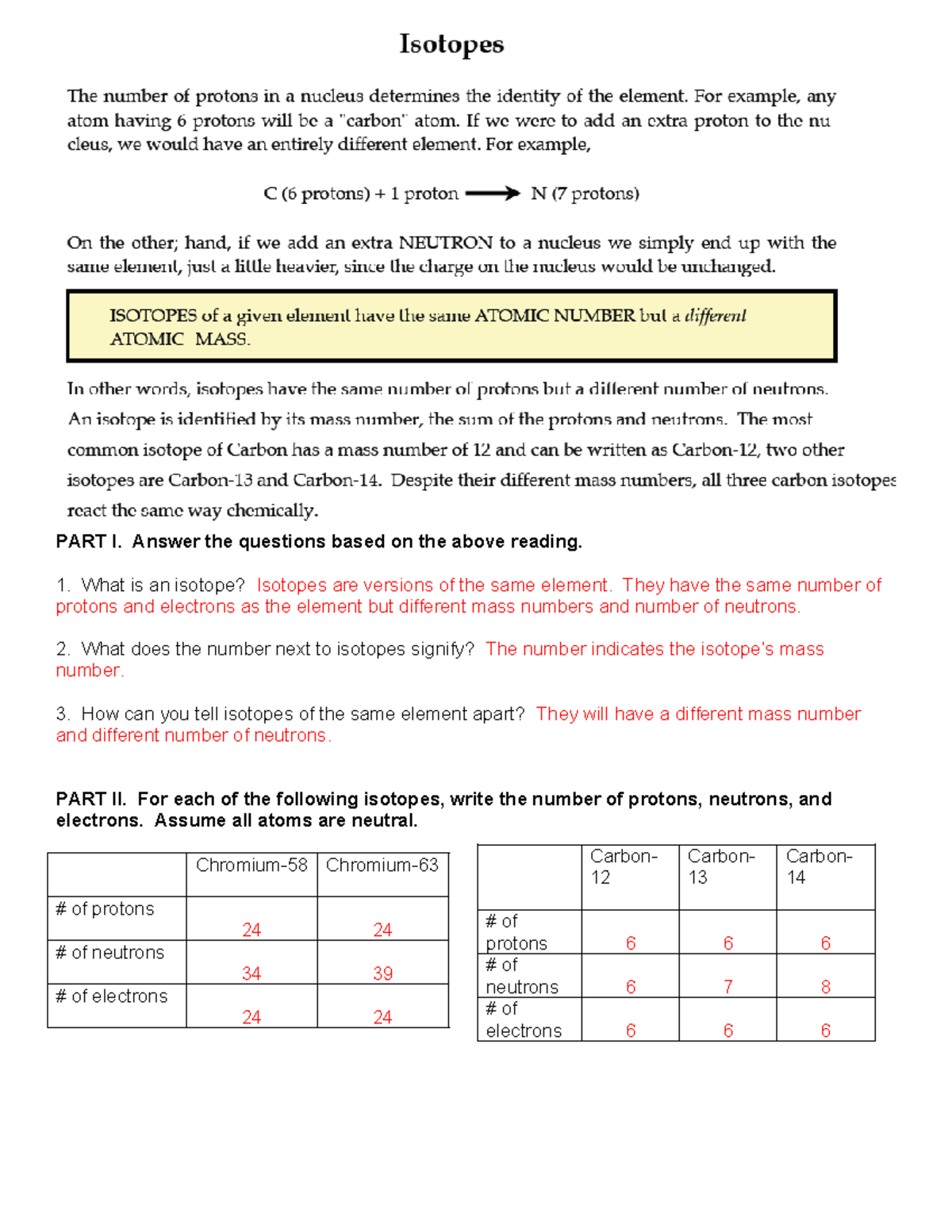 Isotopes worksheet answer key - PART I. Answer the questions based on ...