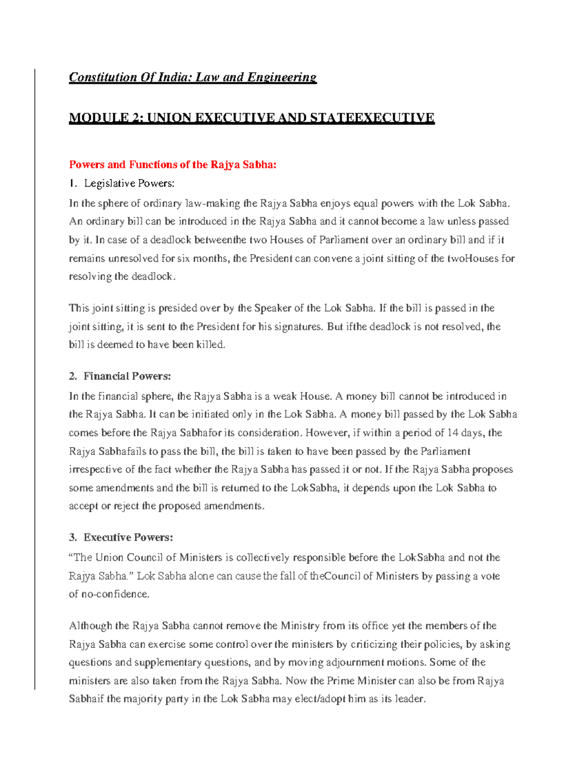 Constitution Of India Unit 2 - Constitution Of India: Law and Engineering MODULE 2: UNION ...