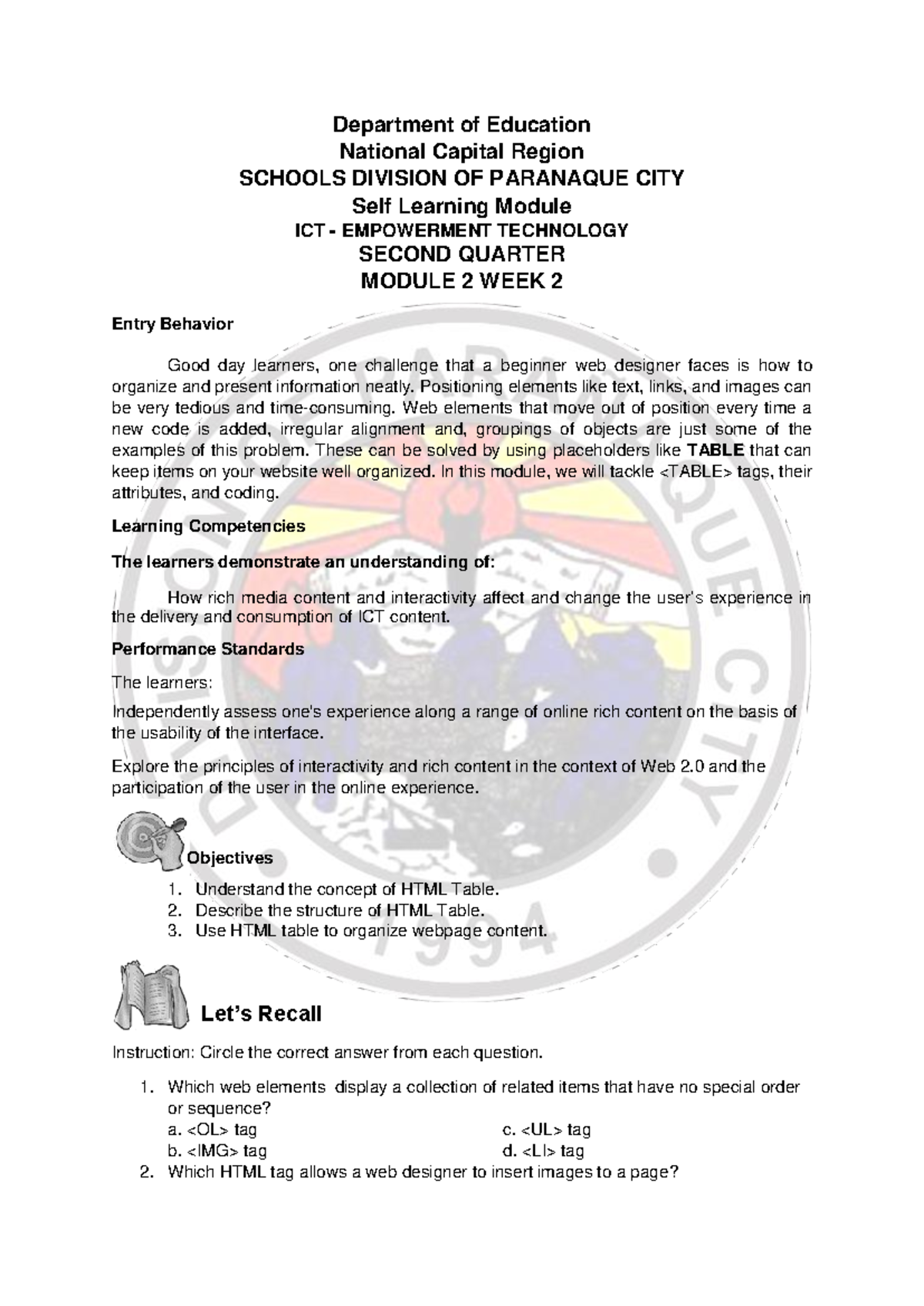 TVL 12 Emp Tech Week4 - TVL (Technical-Vocational-Livelihood) in senior ...