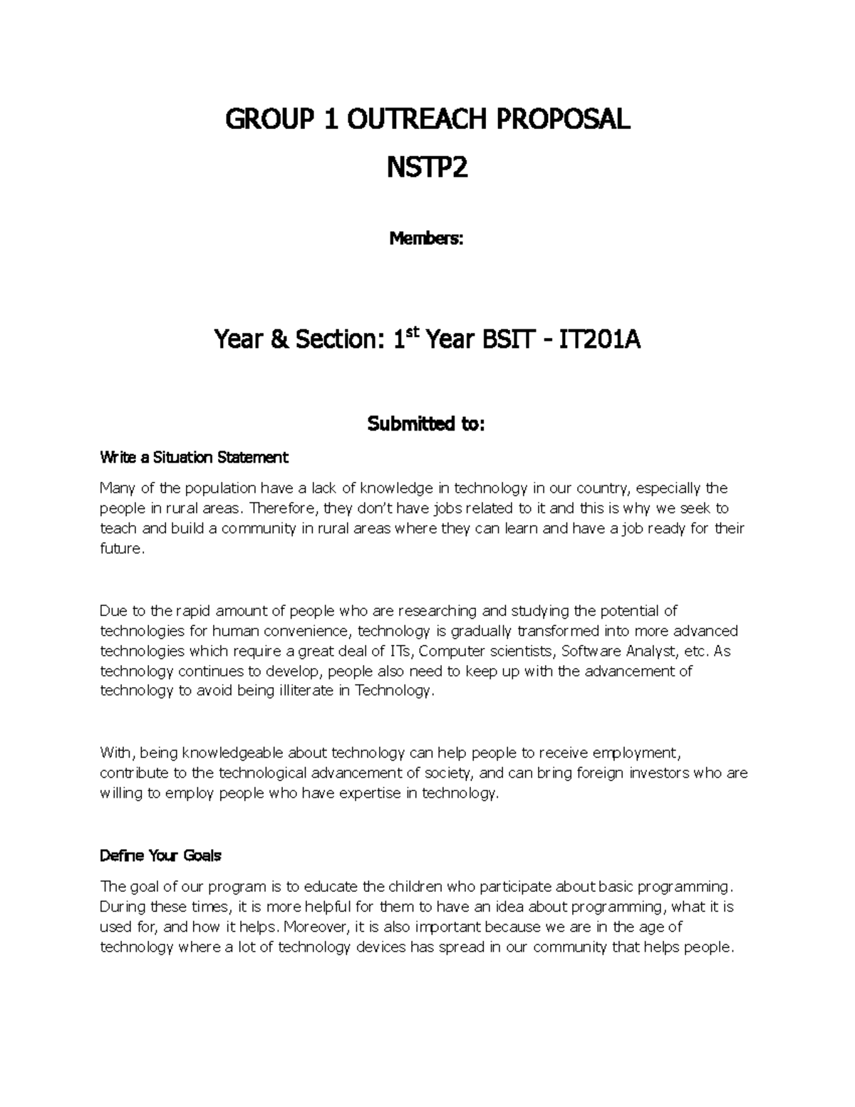 RB-TASK- Performance NSTP2 Proposal - GROUP 1 OUTREACH PROPOSAL NSTP 2 ...