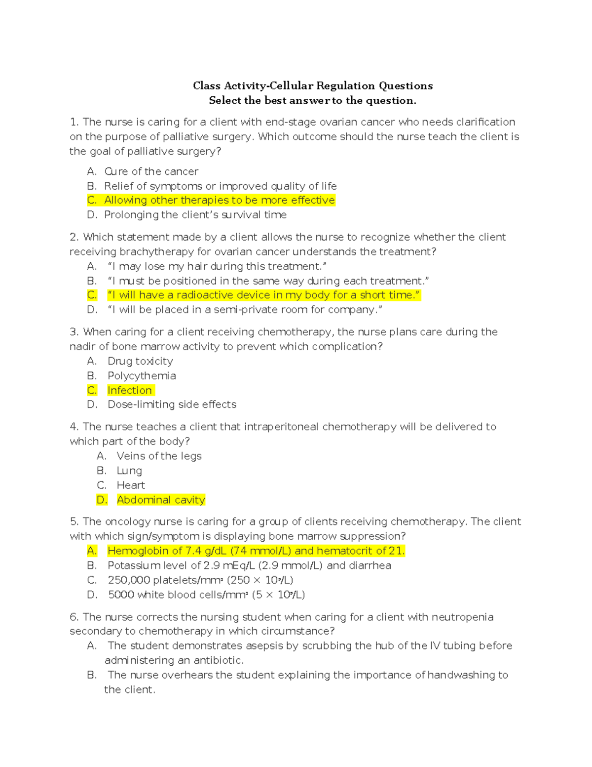 Class Activity-Cellular Regulation Questions + Answers - Class Activity ...