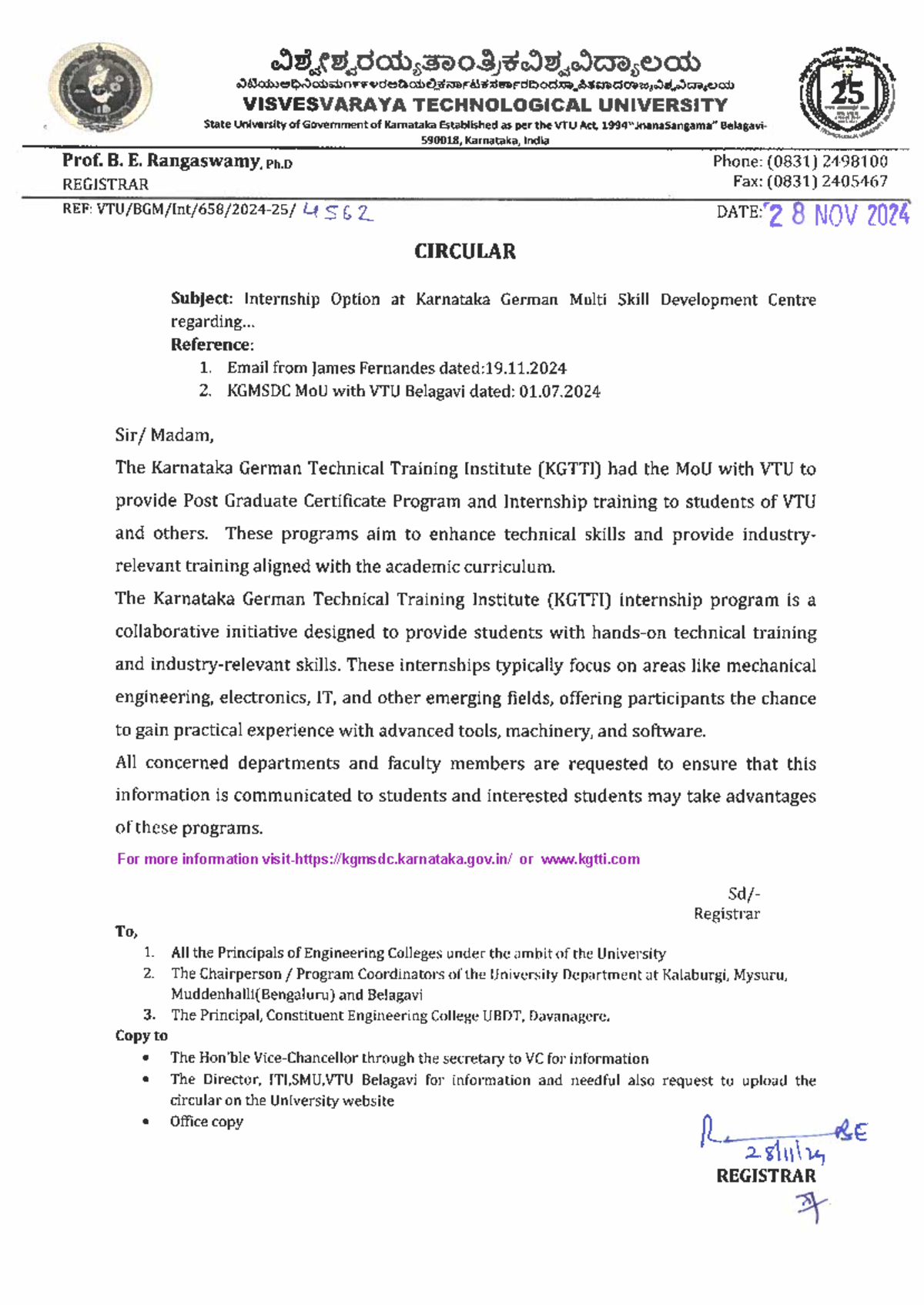 Circular (4562)-Internship Option at Kgtti - VISVESVARAYA TECHNOLOGICAL UNIVERSITY State ...