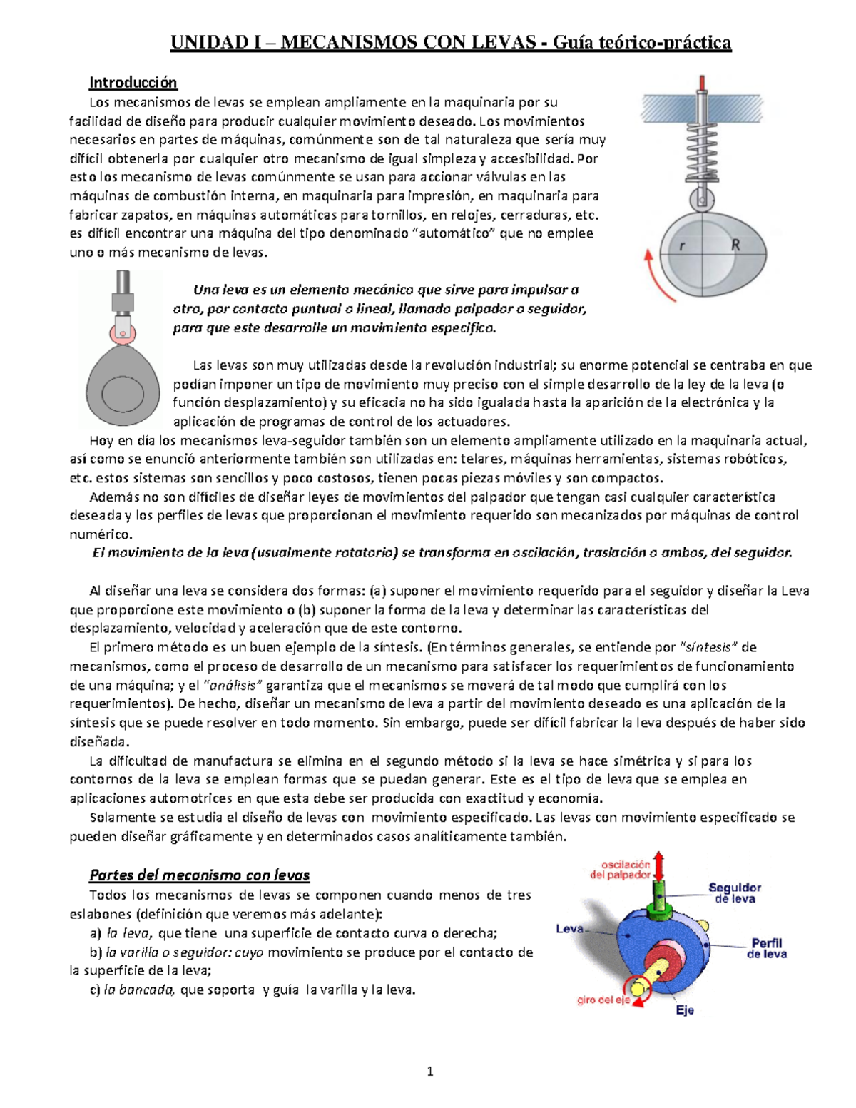 1 - Mecanismos con levas - UNIDAD I – MECANISMOS CON LEVAS - Guía teórico-práctica Introducción ...
