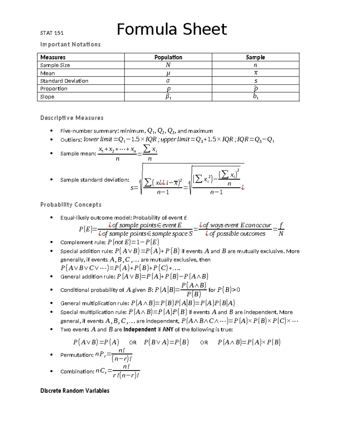 STAT151 Formula Sheet (in word document) - Important Notati ons Measures Population Sample ...