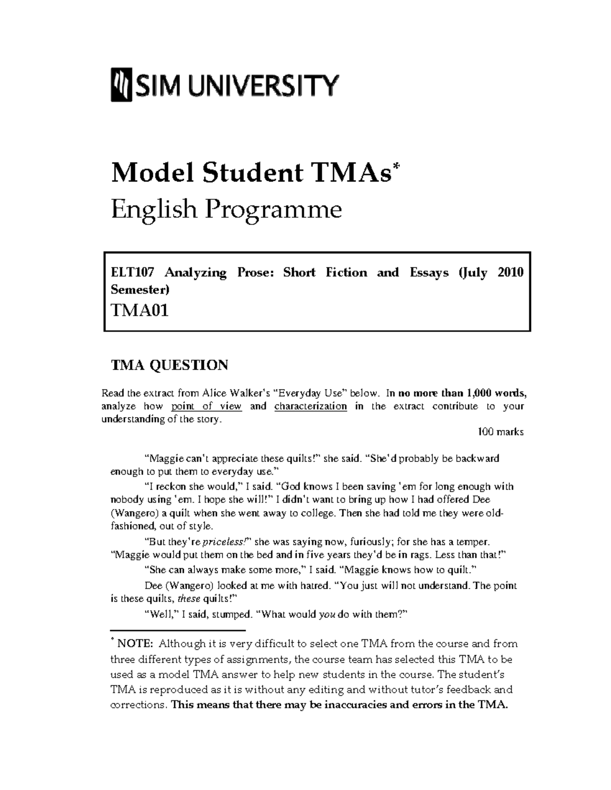Sample Essay E LT107 TMA01 updated nl - Model Student TMAs* English ...