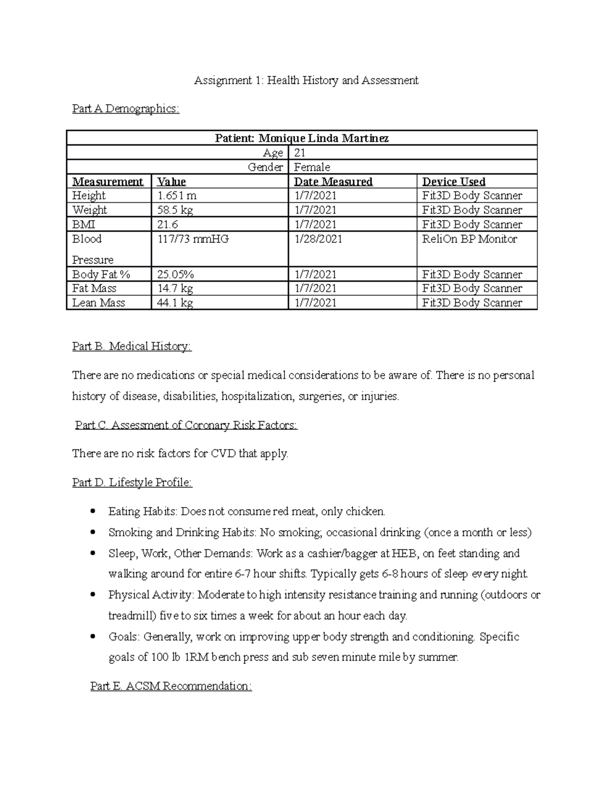 Ex Rx Assignment 1 - Example of an in depth health history assessment ...