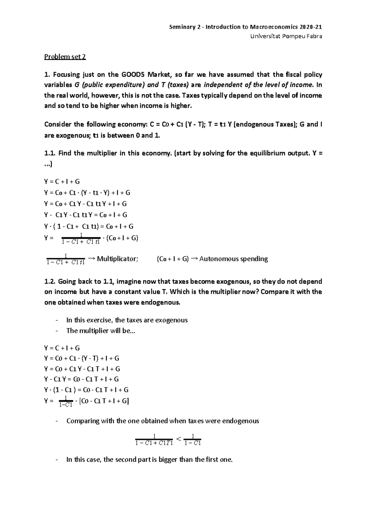 Seminary 2 - Introduction to Macroeconomics - Universitat Pompeu Fabra Problem set 2 1. Focusing ...