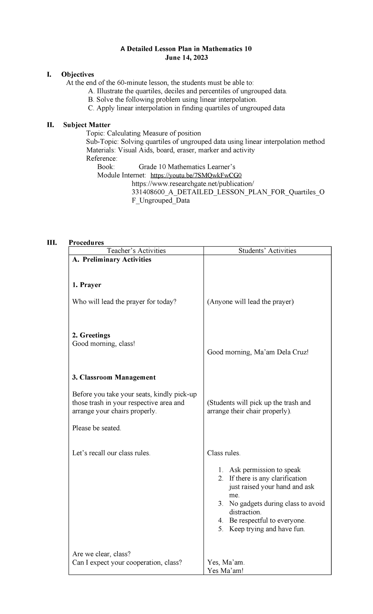 Detailed Lesson Plan - Ungrouped Data - Quartiles Dela Cruz - A ...