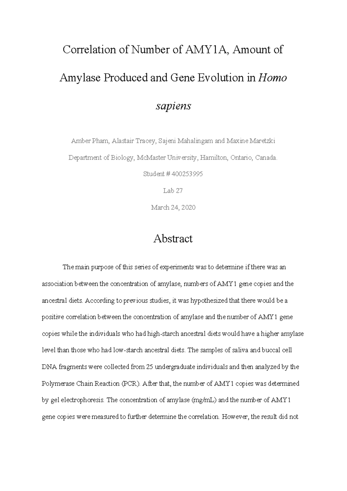 Formal Lab Report BIO 1A03 - Correlation of Number of AMY1A, Amount of ...