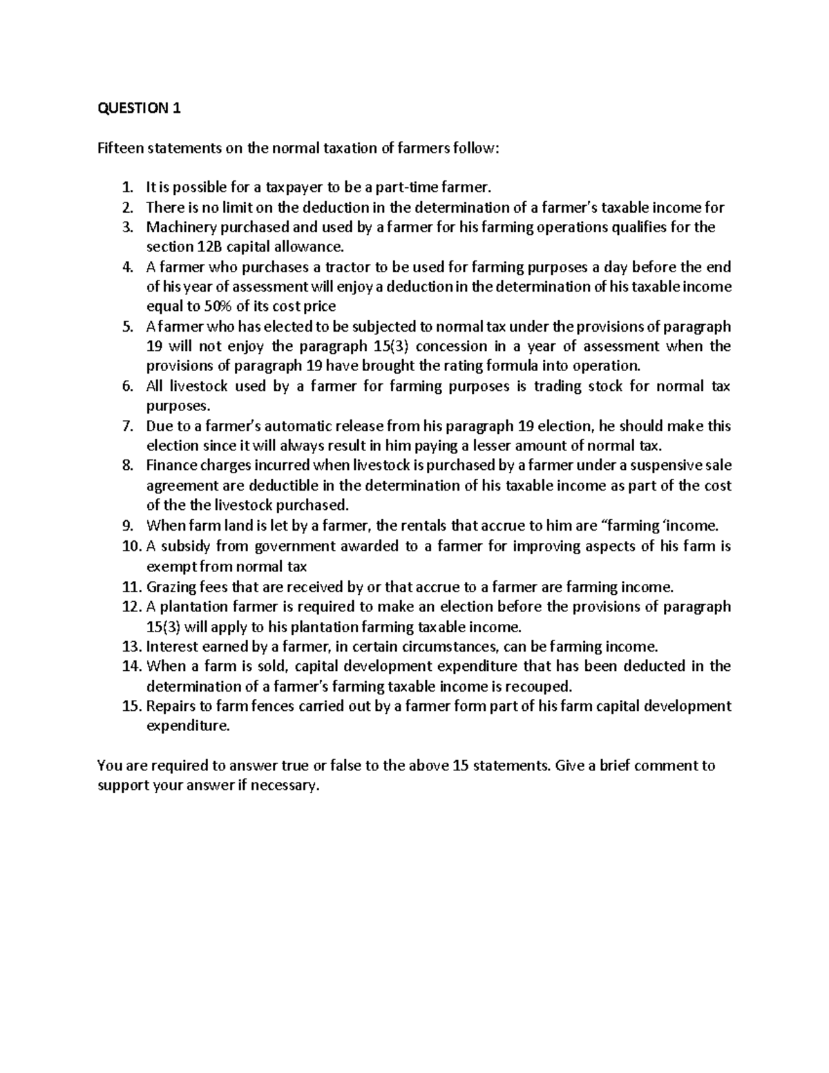 Example 15.1 Question - Farming Income - QUESTION 1 Fifteen statements ...