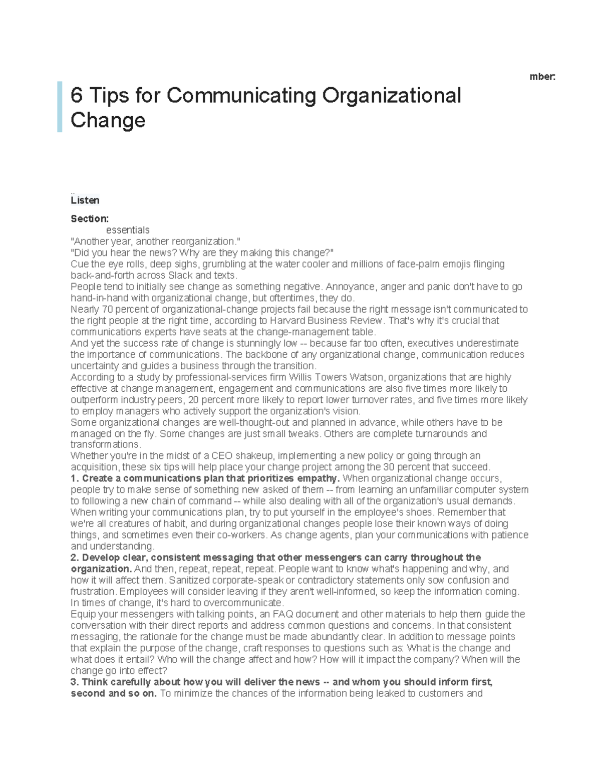 WEEK 3 Article 6 Tips for Communicating Organizational Change - mber: 6 ...