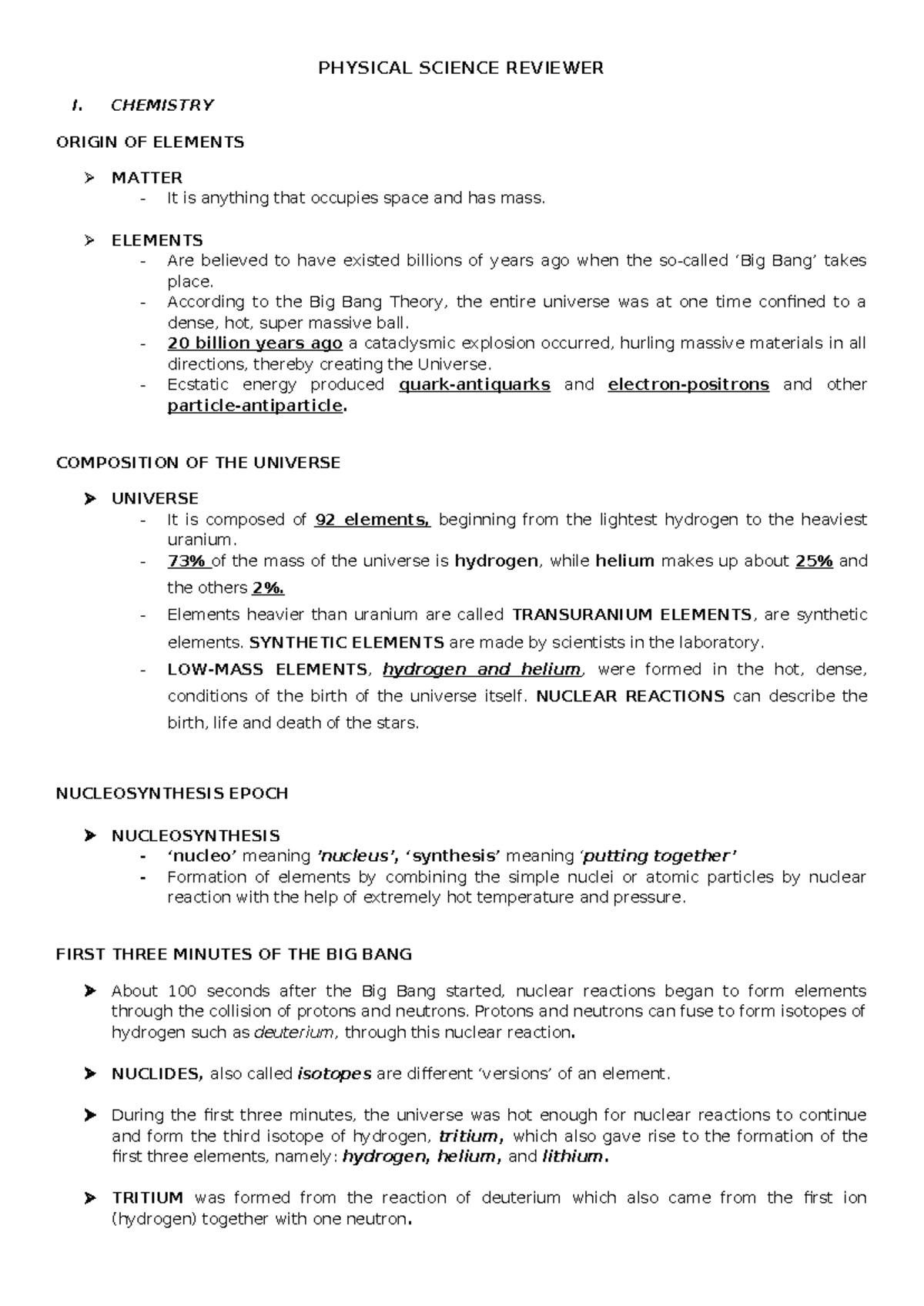 Physical Science Reviewer - PHYSICAL SCIENCE REVIEWER I. CHEMISTRY ...