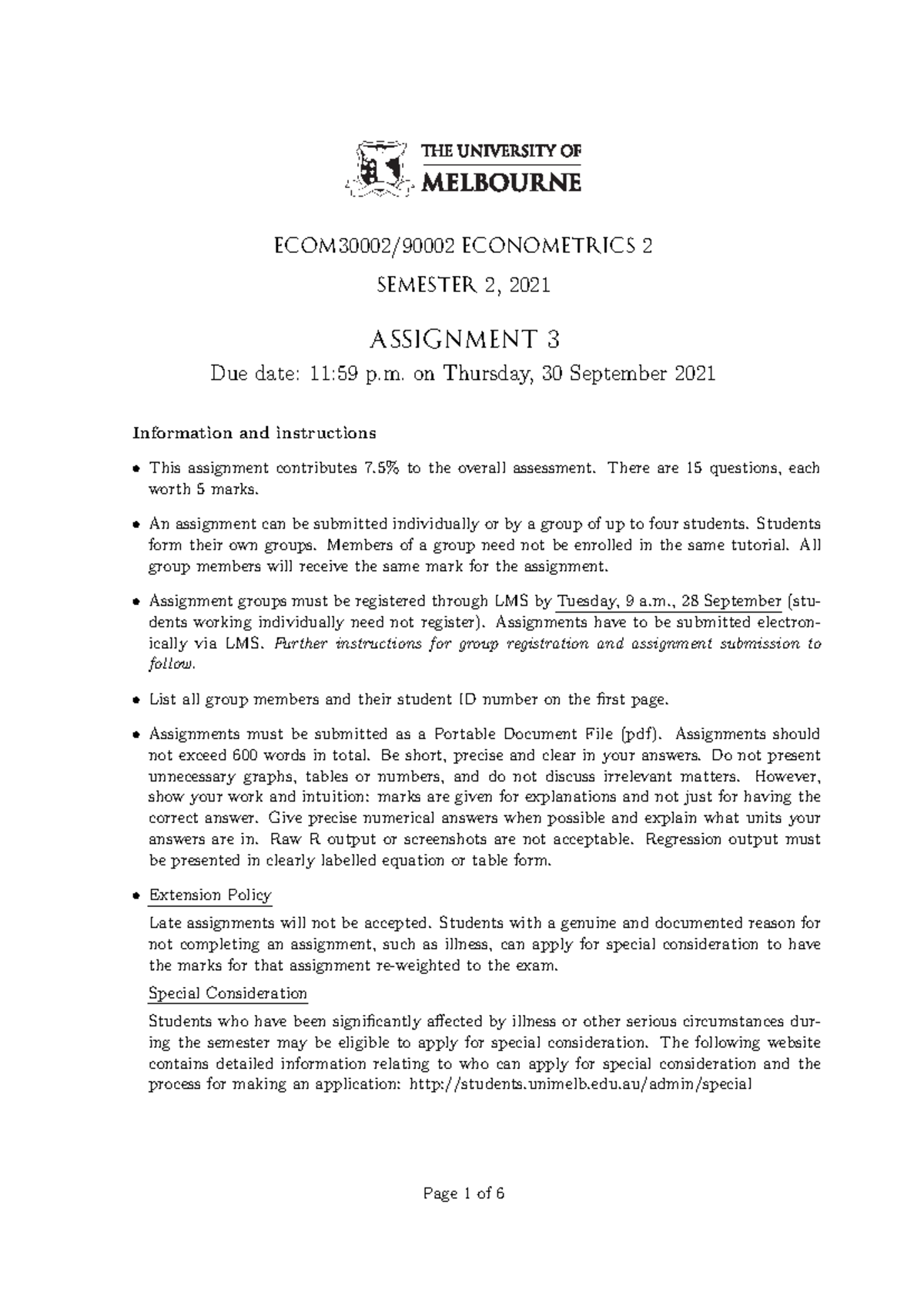 A3 - Assignment 3 for ECON 2 semester 2 2021 - ECOM30002/90002ECONOMETRICS 2 SEMESTER2, 2021 ...