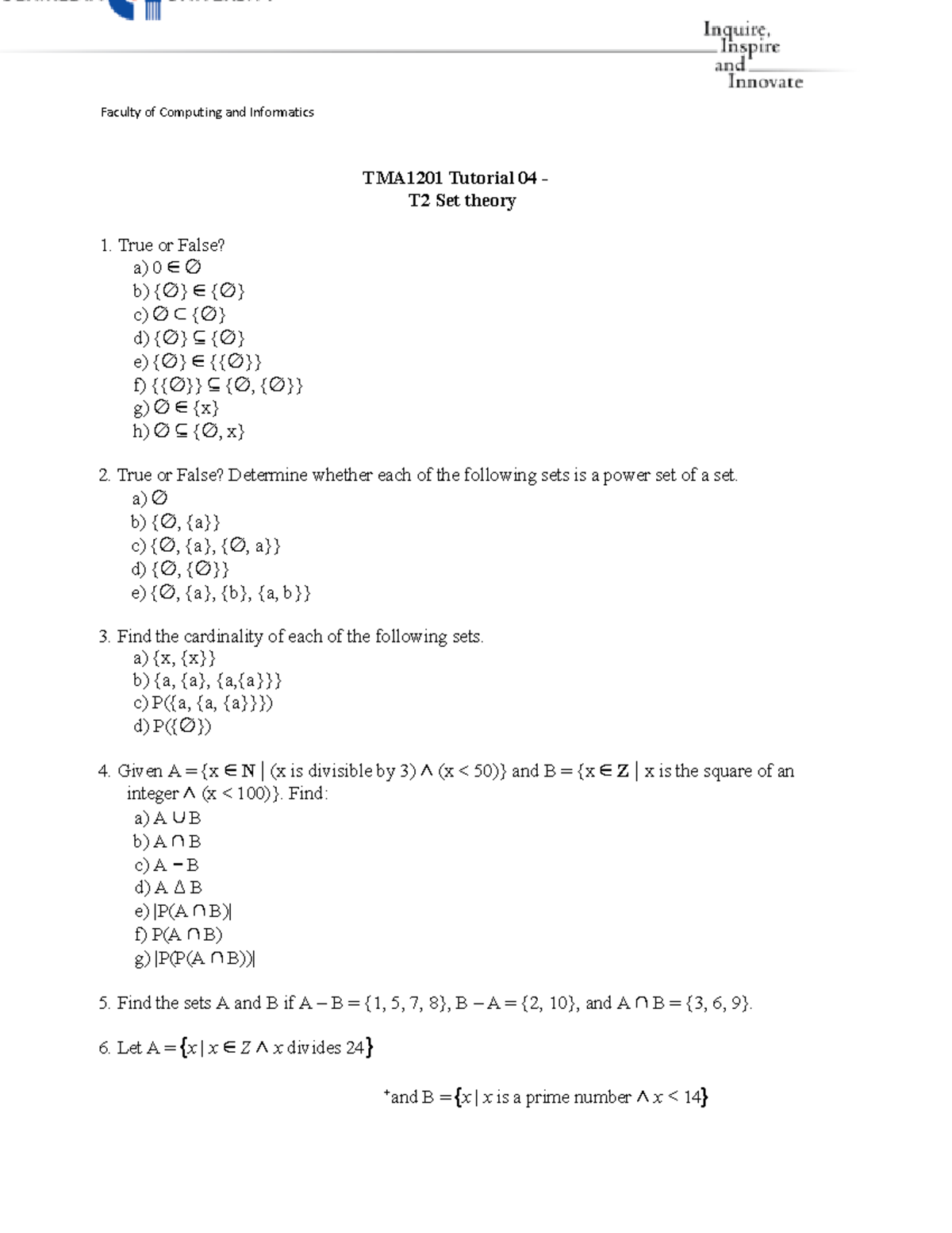 Tutorial 04 Topic 2 Set Theory Faculty Of Computing And Informatics Tma1201 Tutorial 04 T2