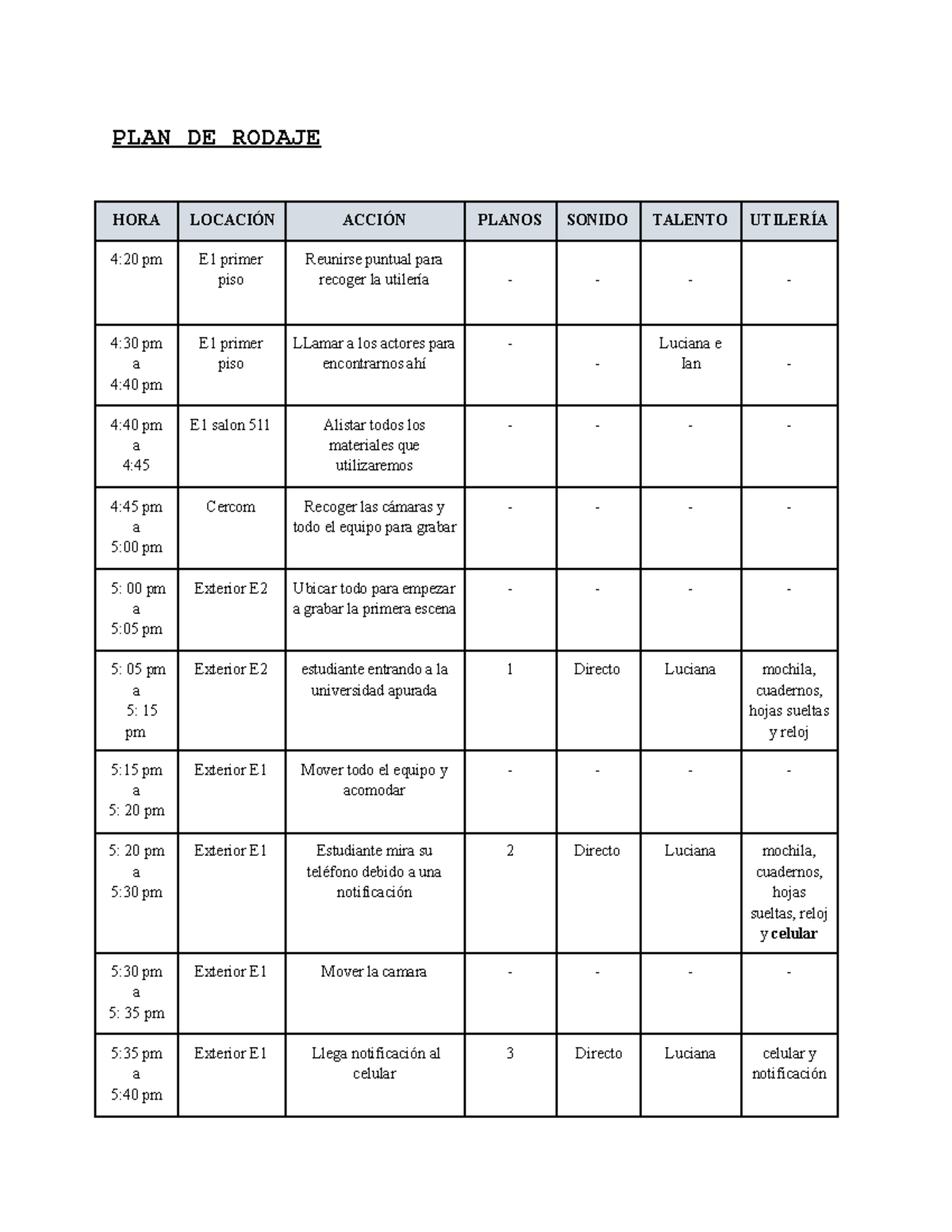 PLAN DE Rodaje - PLAN DE RODAJE HORA LOCACIÓN ACCIÓN PLANOS SONIDO ...