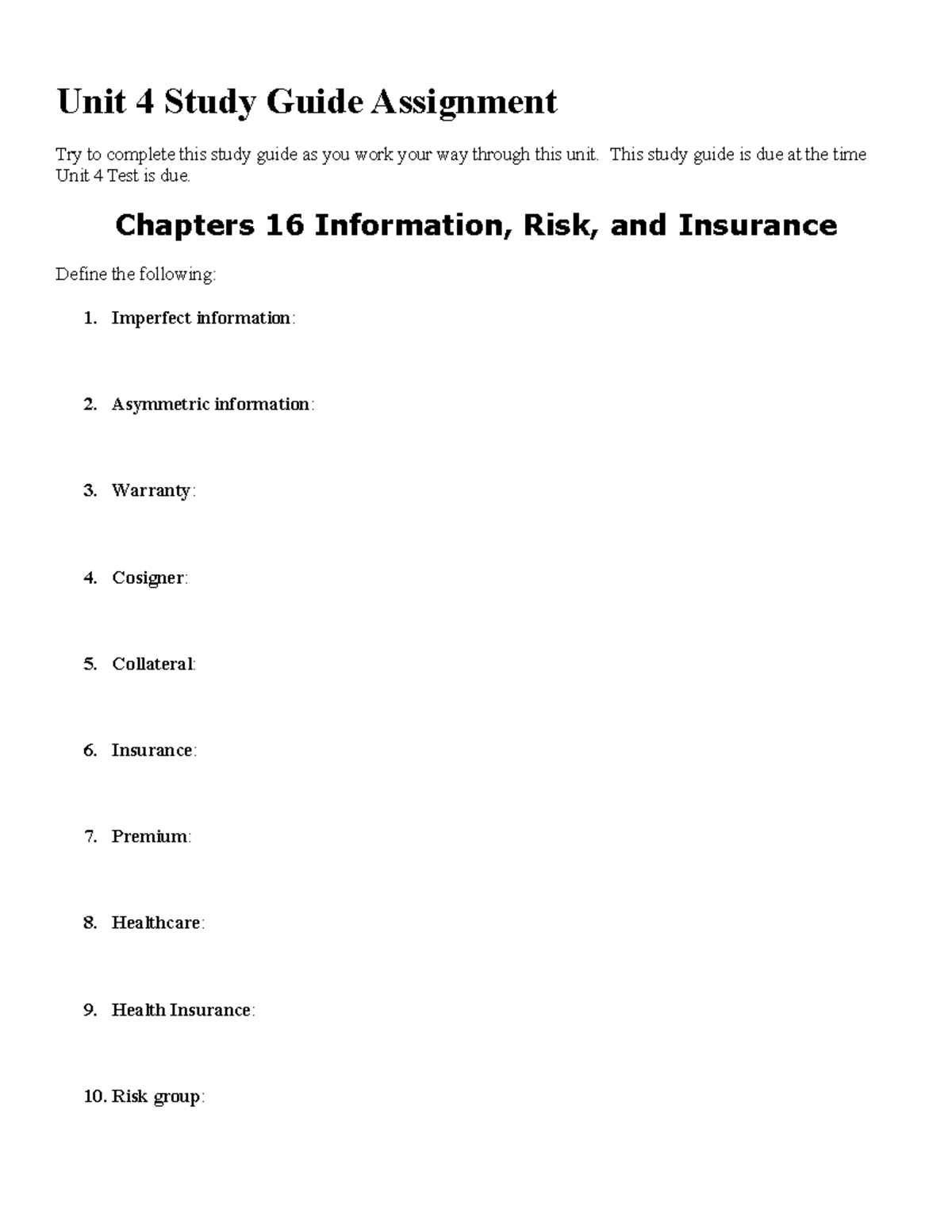 Micro Unit 4 Study Guide Assignment - Unit 4 Study Guide Assignment Try to complete this study ...