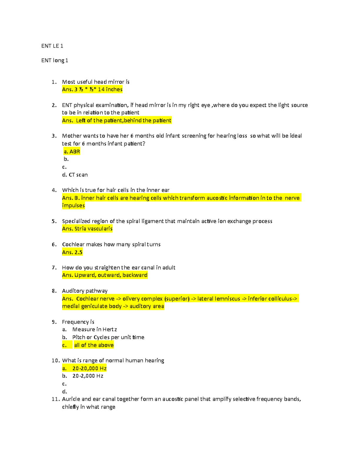 Exam exam July 2017, questions and answers - ENT LE 1 ENT long 1 1 ...