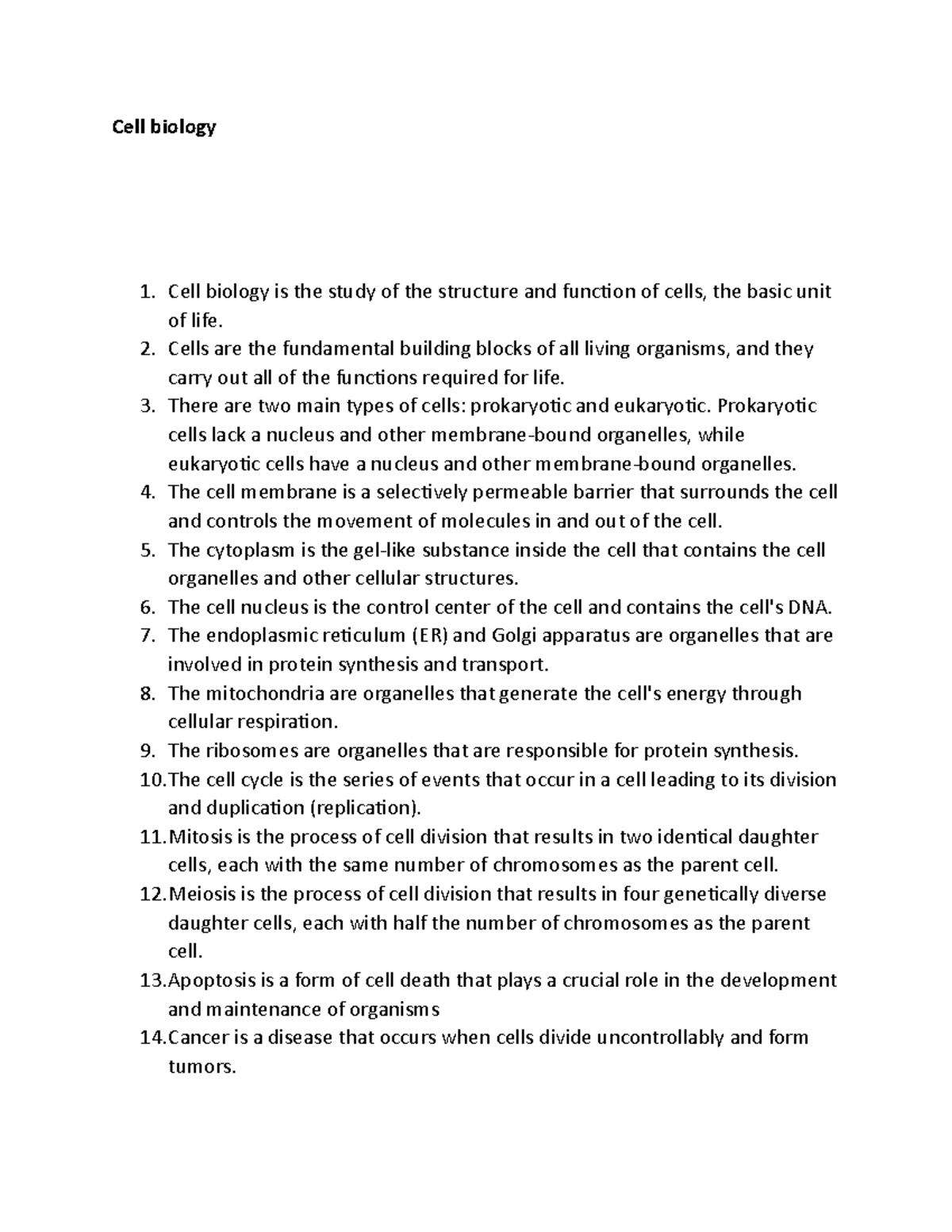 Cell biology notes bio - Cell biology Cell biology is the study of the ...