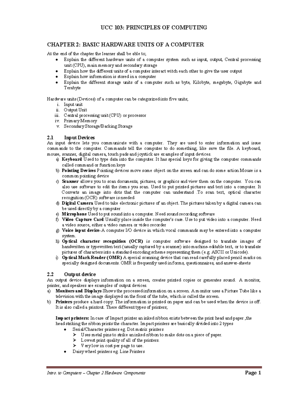 Chapter 2 - Basic Hardware component of a computer - UCC 103 ...