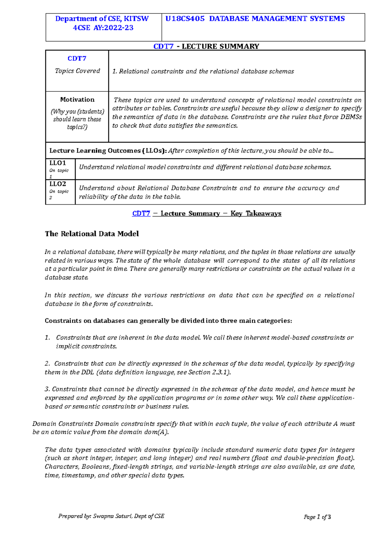 CDT-7 - Database management system important topic 7 - Department of ...