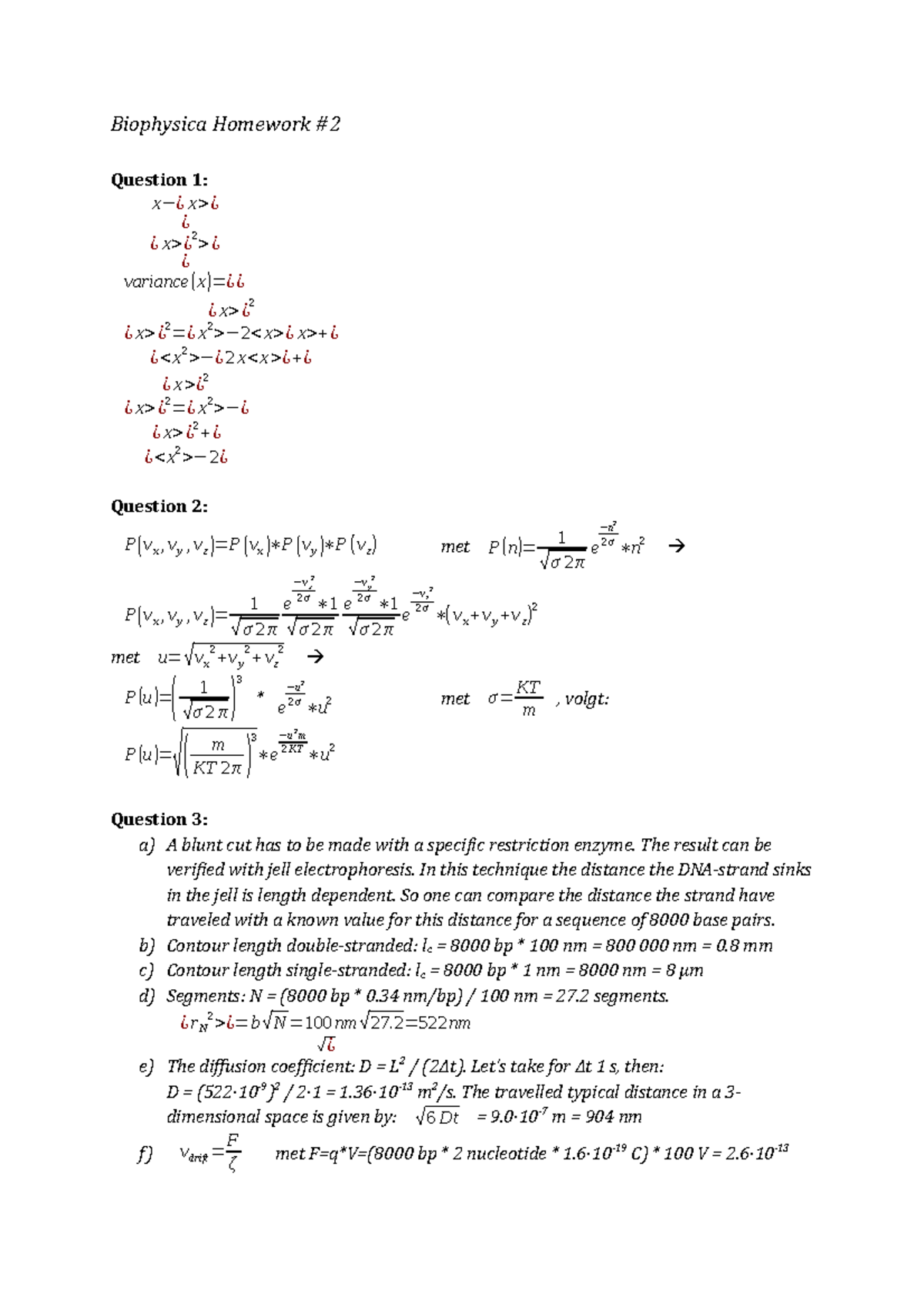 Biophysics homework 2 - Biophysica Homework Question 1: variance(x ...