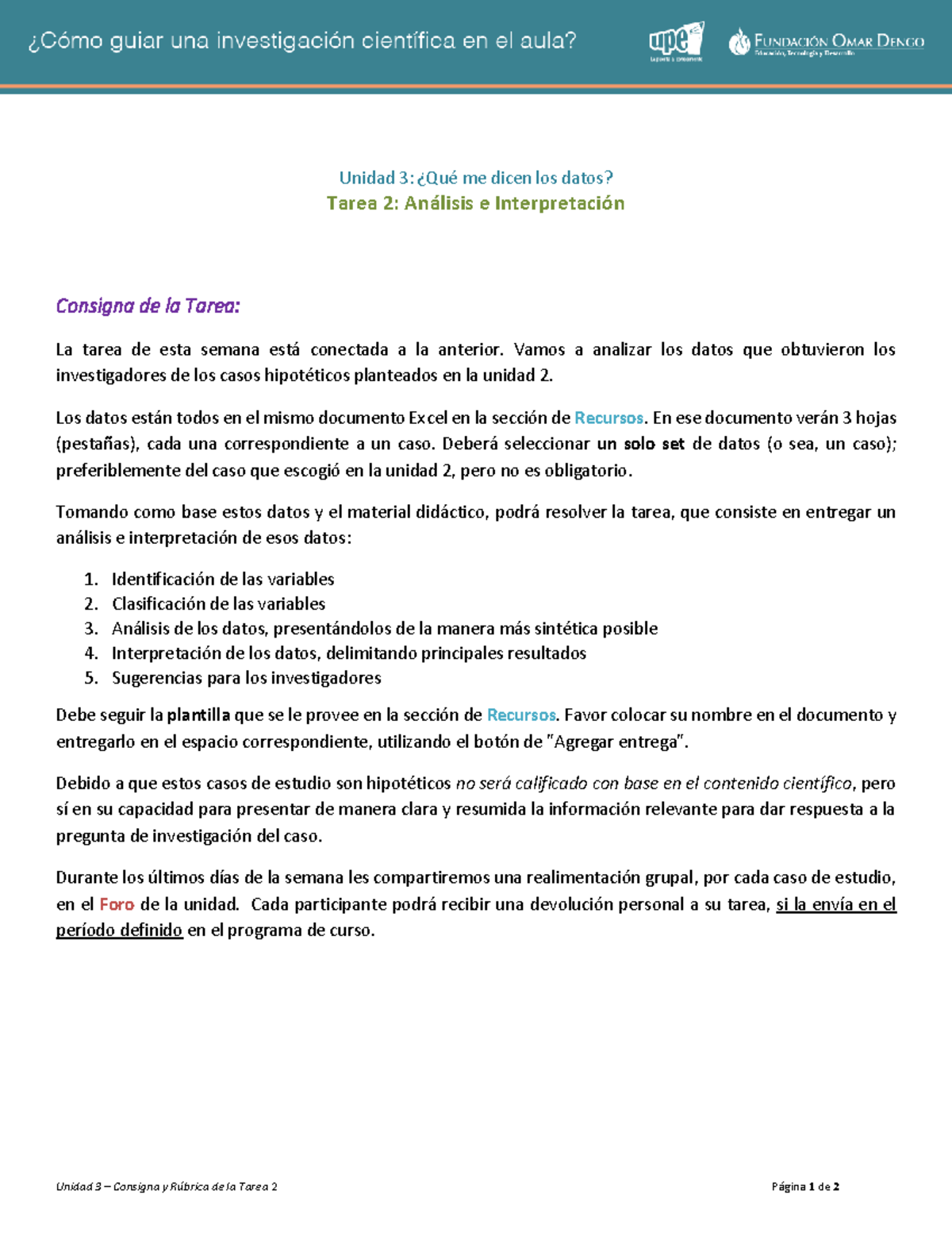 Consigna y rúbrica de la Tarea 2 - Unidad 3 – Consigna y Rúbrica de la ...