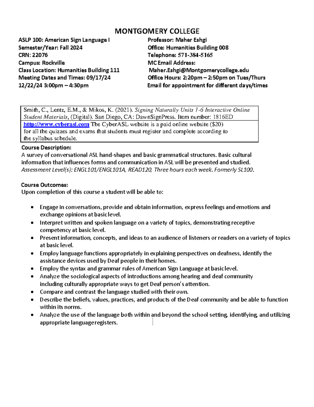 ASLP 100 (ASL level 1) Syllabus Fall 2024 13 wks - MONTGOMERY COLLEGE ...