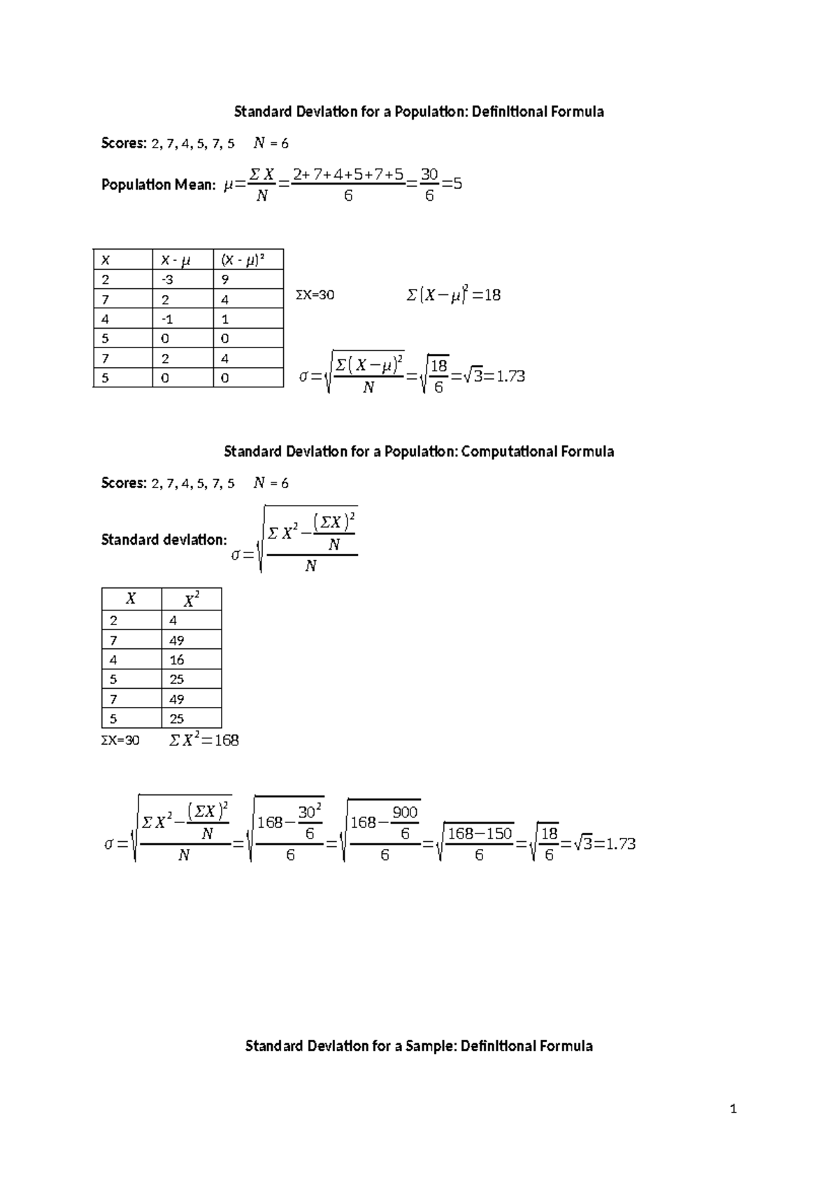 Standard Deviation Example 1 Answers - Standard Deviation for a Population: Definitional Formula ...