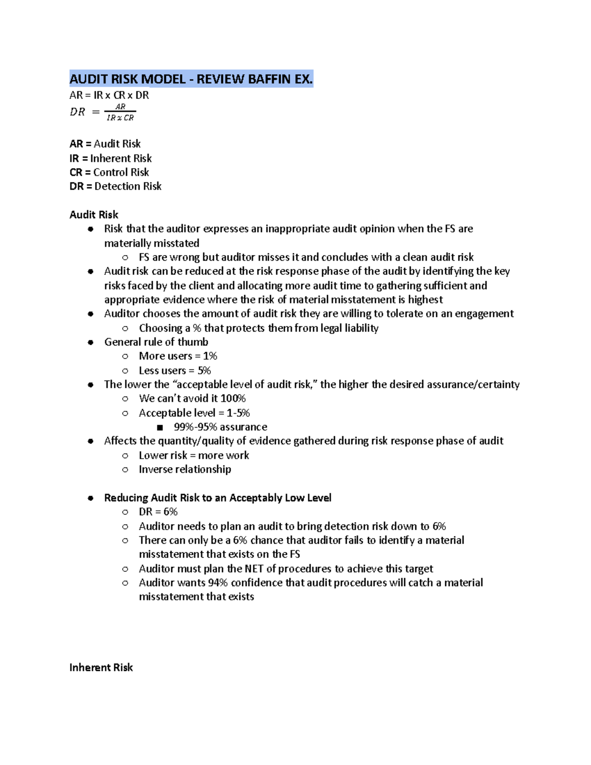 Audit risk model - midterm notes - AUDIT RISK MODEL - REVIEW BAFFIN EX ...