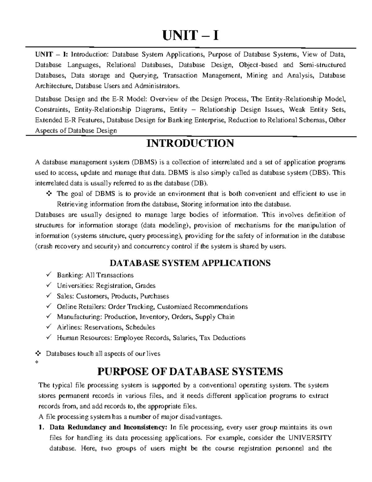 DBMS UNIT I - DBMS UNIT ! - UNIT – I UNIT – I: Introduction: Database System Applications ...