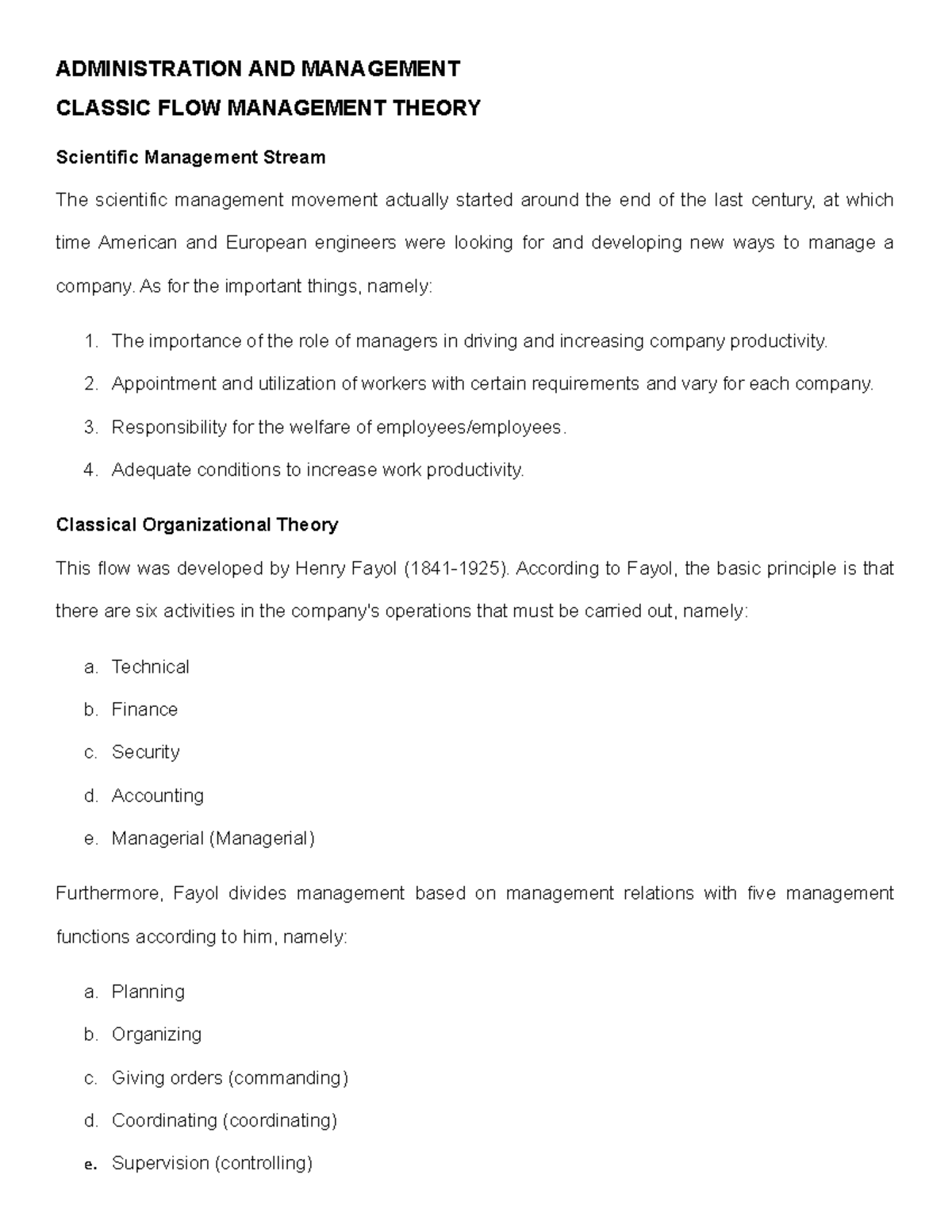 Classic Flow Management Theory - ADMINISTRATION AND MANAGEMENT CLASSIC ...