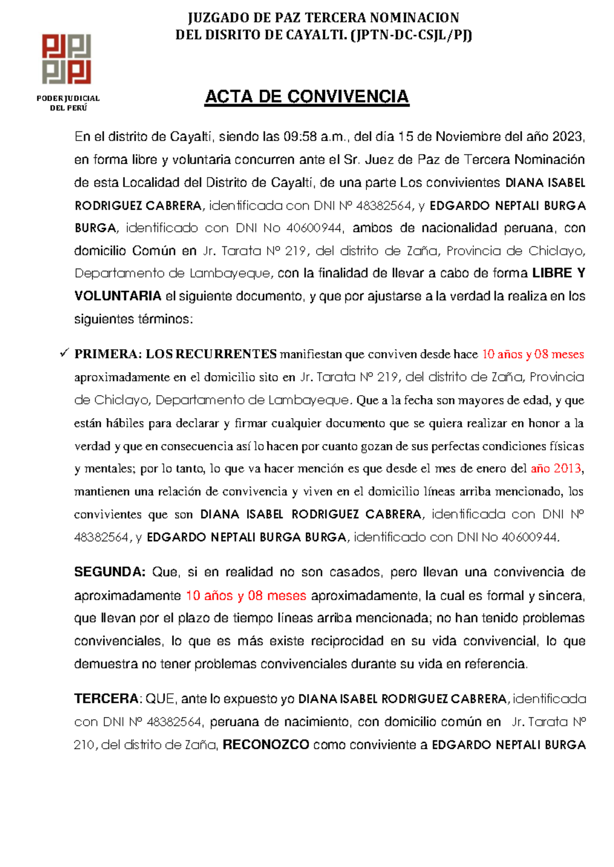 ACTA DE Convivencia pension de alimentos edgar neptali burga burga ...