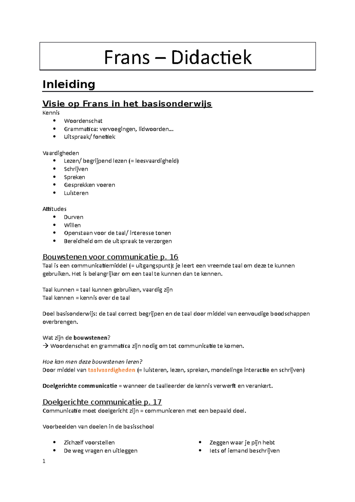 Notities didactiek 1.2 - Frans – Didactiek Inleiding Visie op Frans in ...