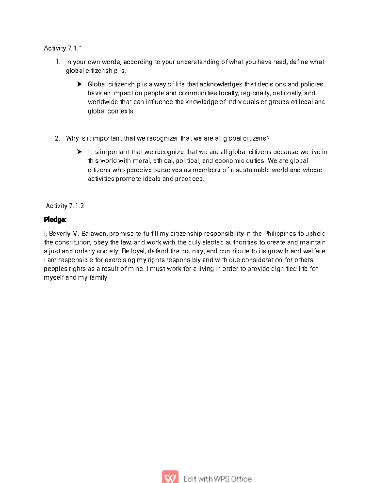 Chapt. 7 Global citizenship - Activity 7. In your own words, according ...