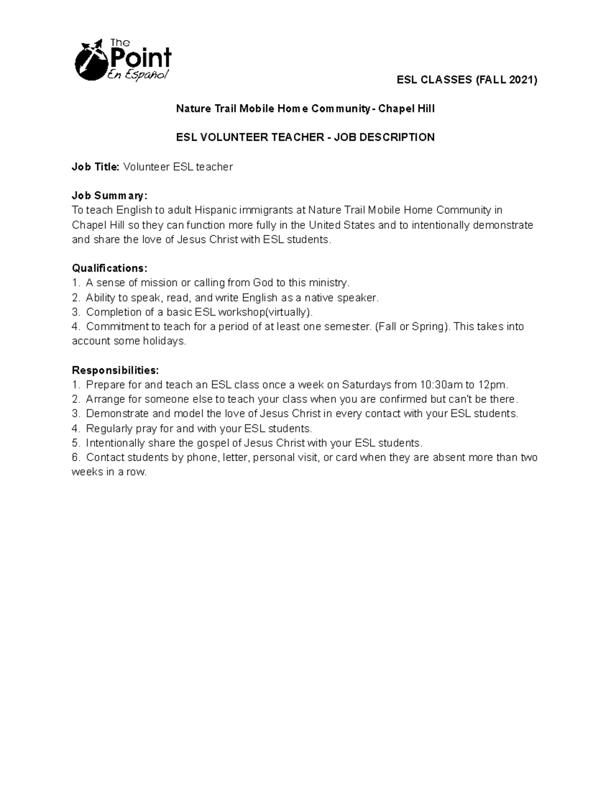 ESL Volunteer Teacher - JOB Description - ESL CLASSES (FALL 2021 ...