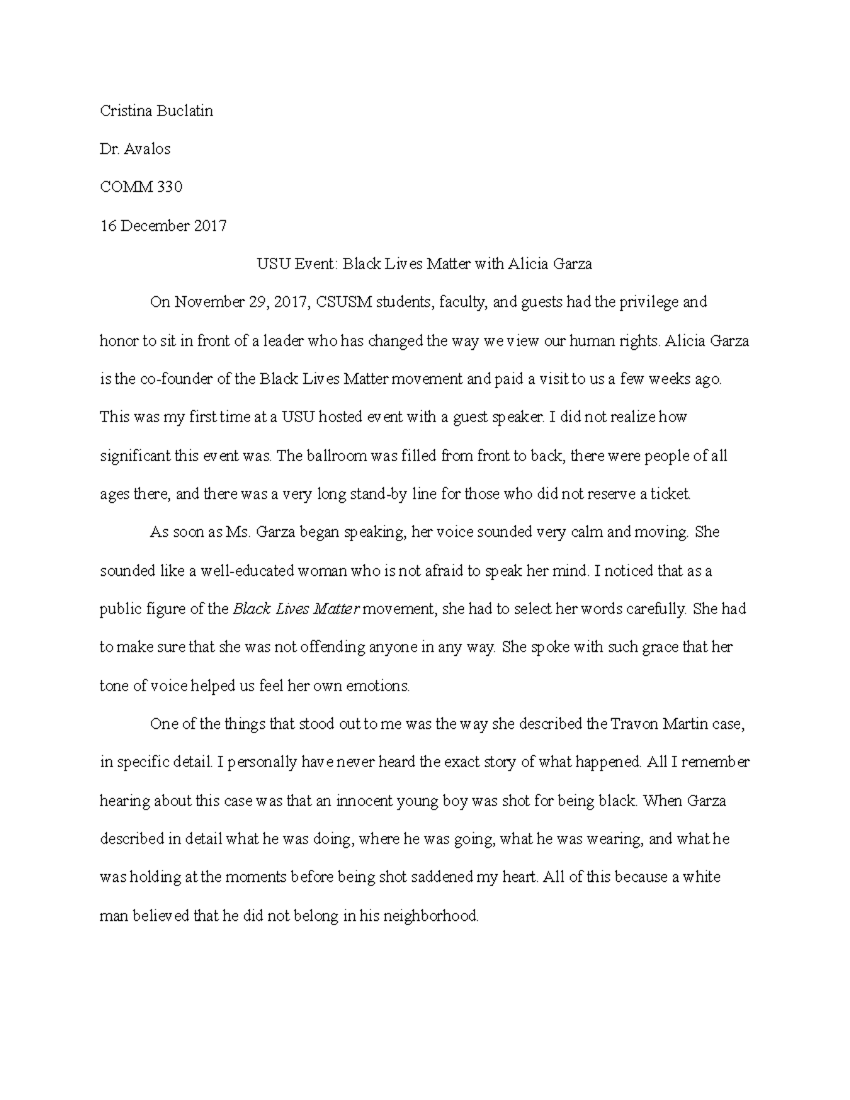 BLM Comm 330 Extra Credit - Cristina Buclatin Dr. Avalos COMM 330 16 ...