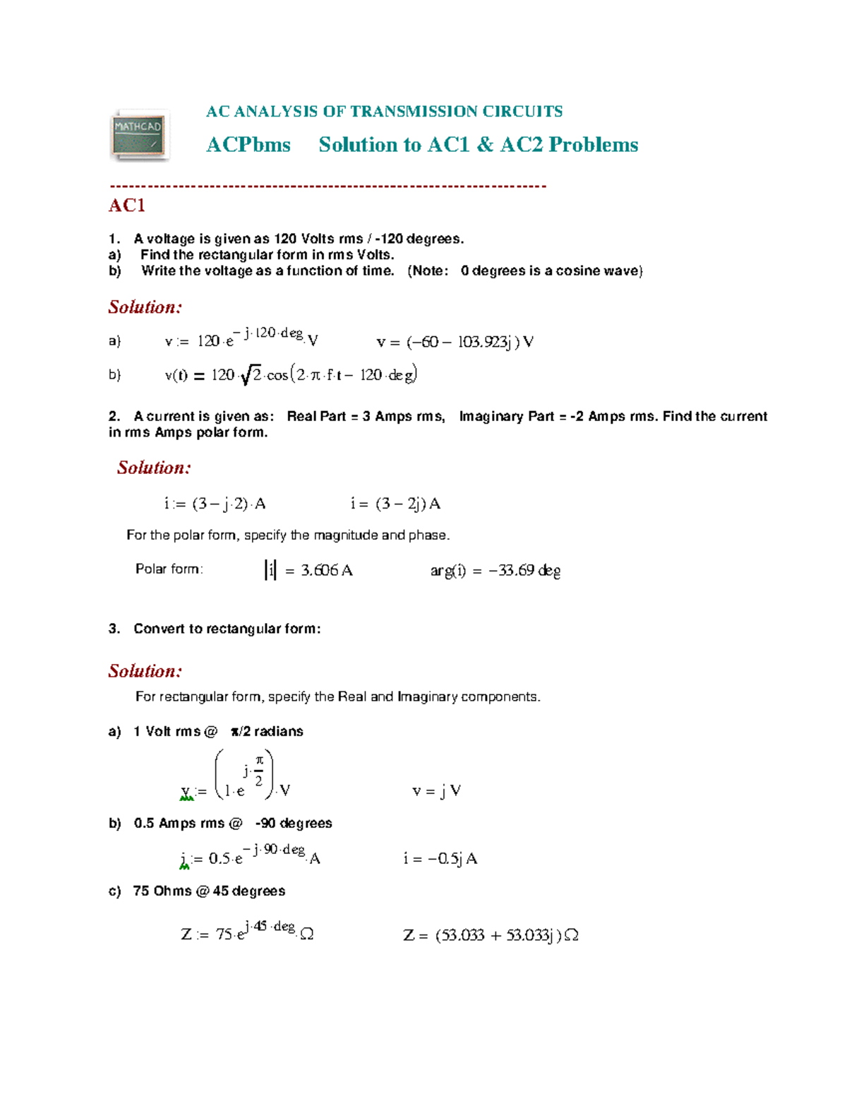 AC 1 Problem solutions - homework - AC ANALYSIS OF TRANSMISSION ...