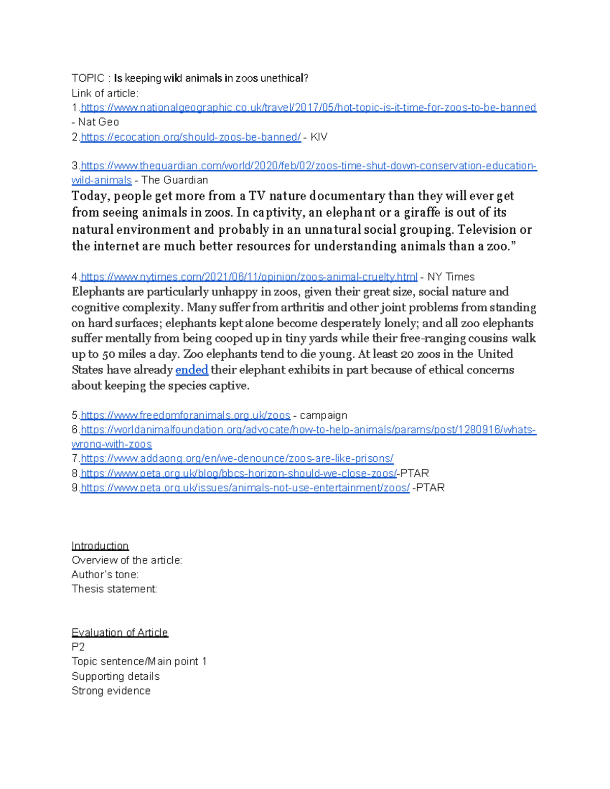 EC ELC - Evaluative Commentary Assignment - TOPIC : Is keeping wild ...