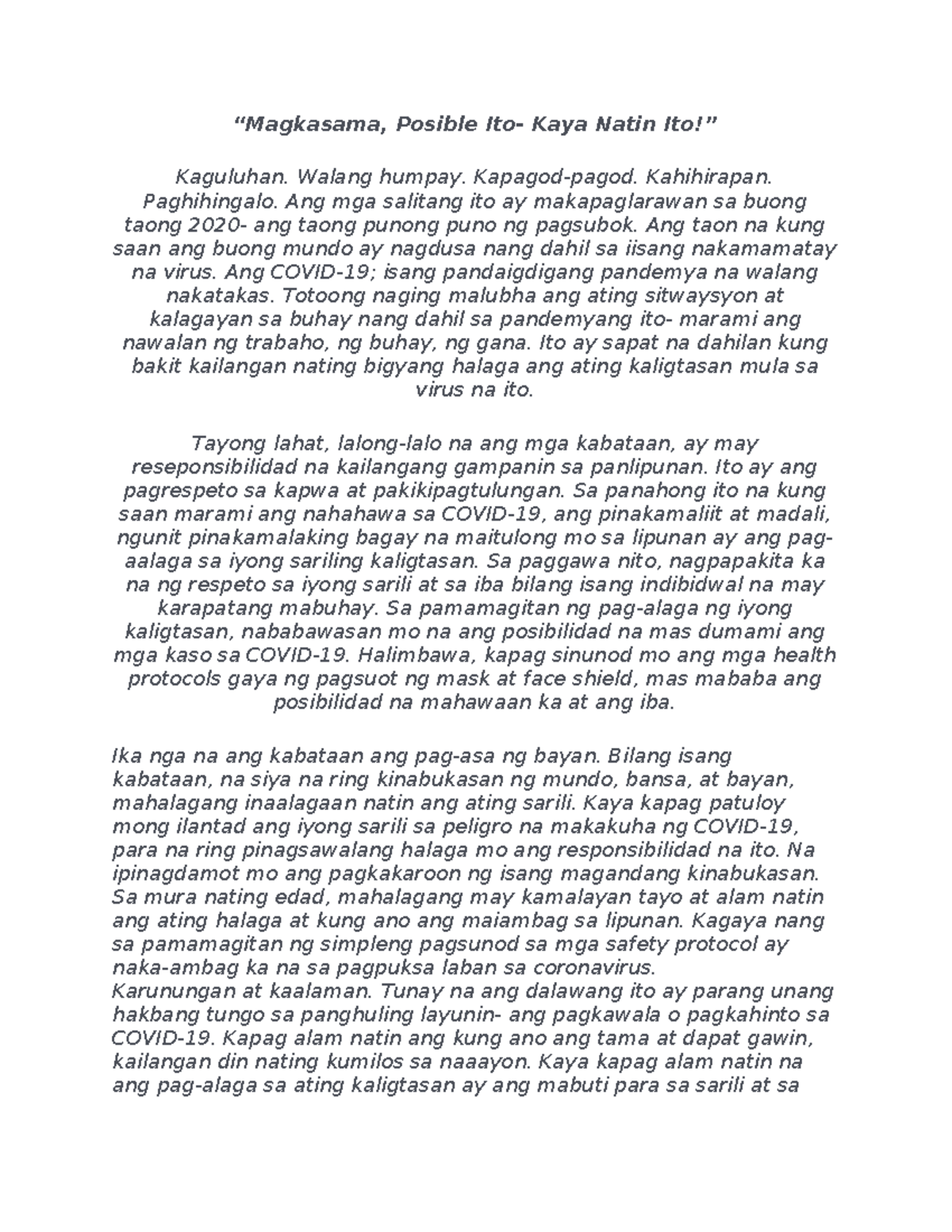 Filipino talumpati - “Magkasama, Posible Ito- Kaya Natin Ito ...