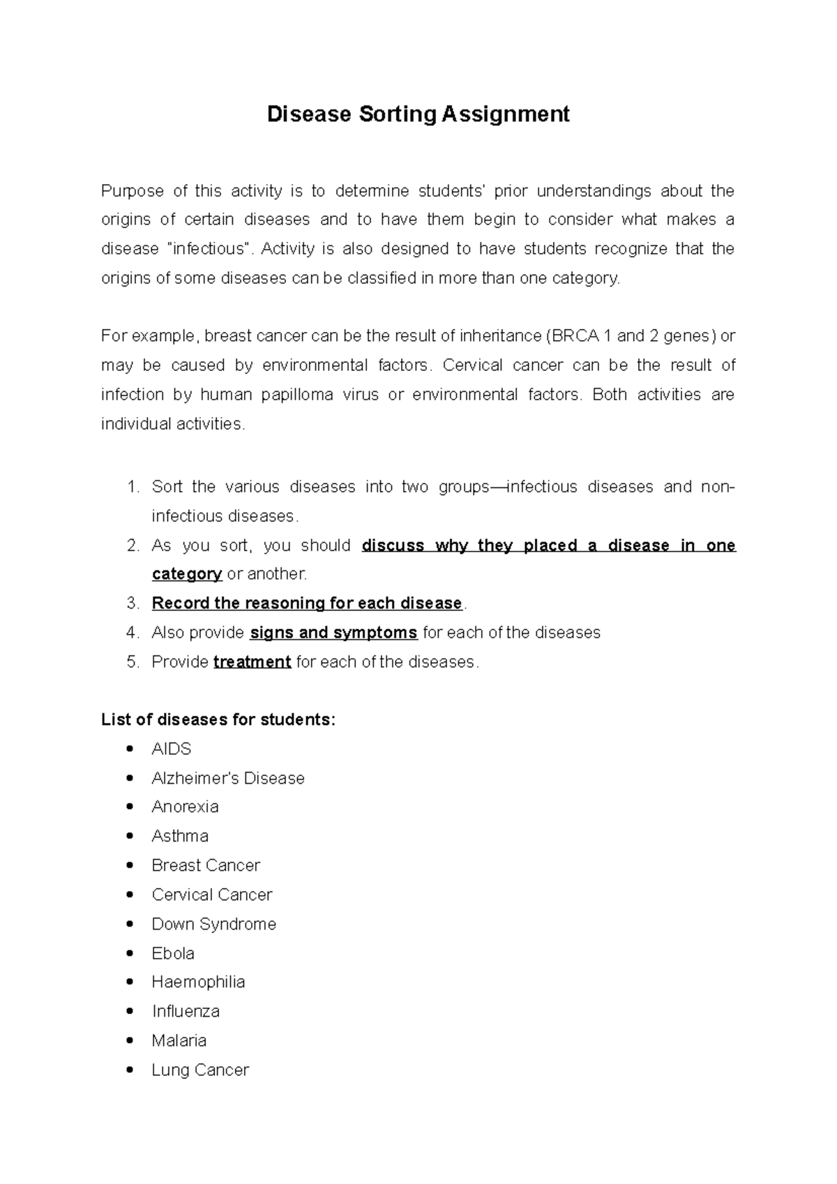 4HMD 329 Disease Sorting Assignment 1 - Disease Sorting Assignment ...