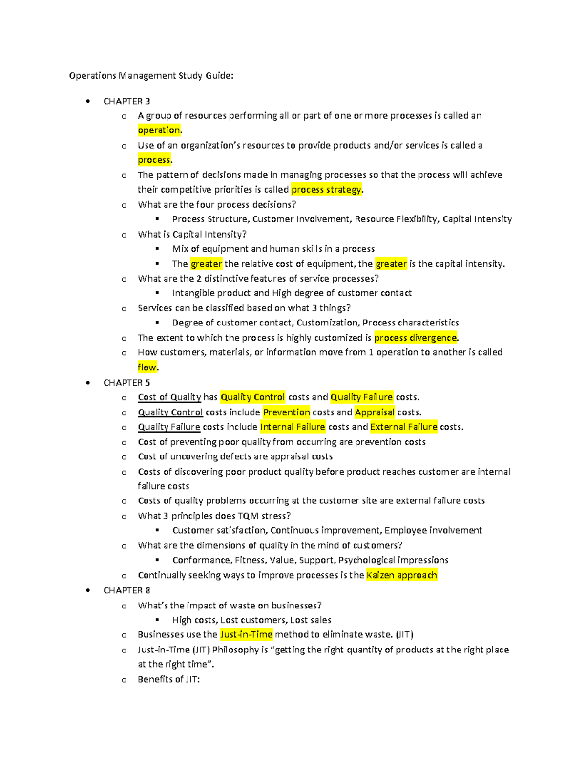 Lecture notes - Course Operations Management: Study Guide chapter 3, 5 ...