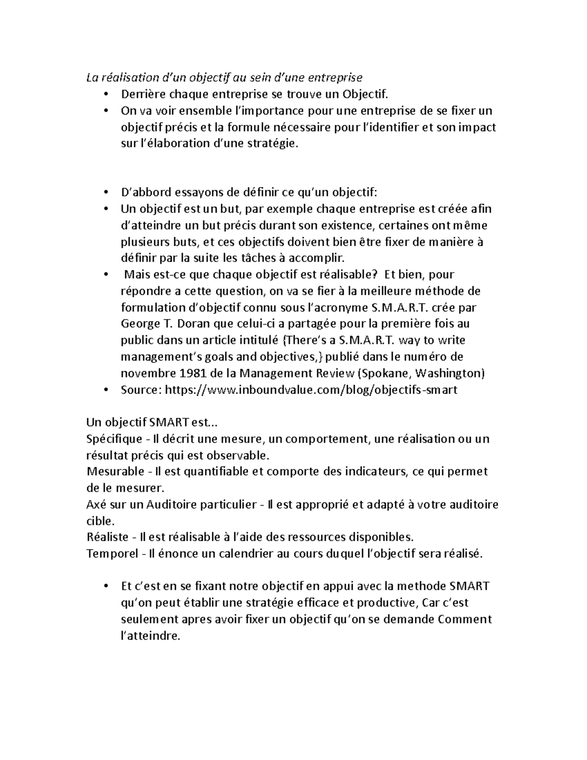 La réalisation d’un objectif au sein d’une entreprise - La réalisation ...