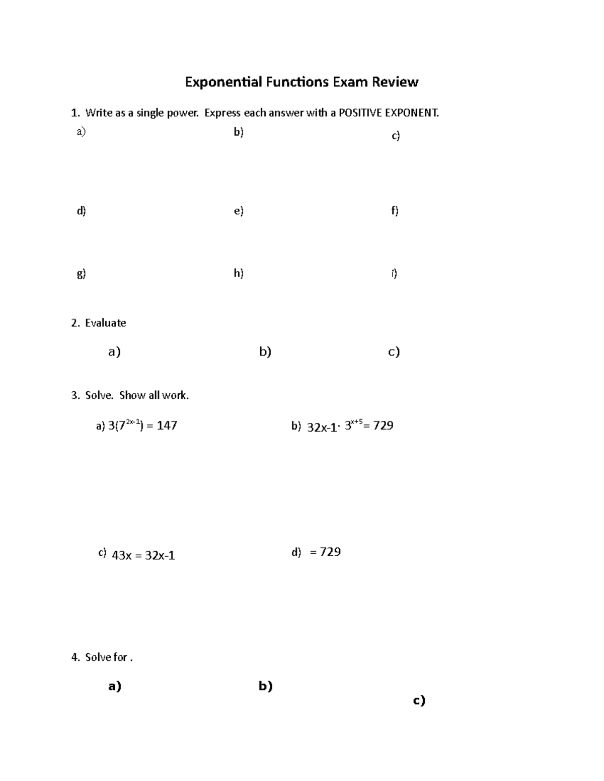 Exponential functions exam review practice - Exponential Functions Exam ...