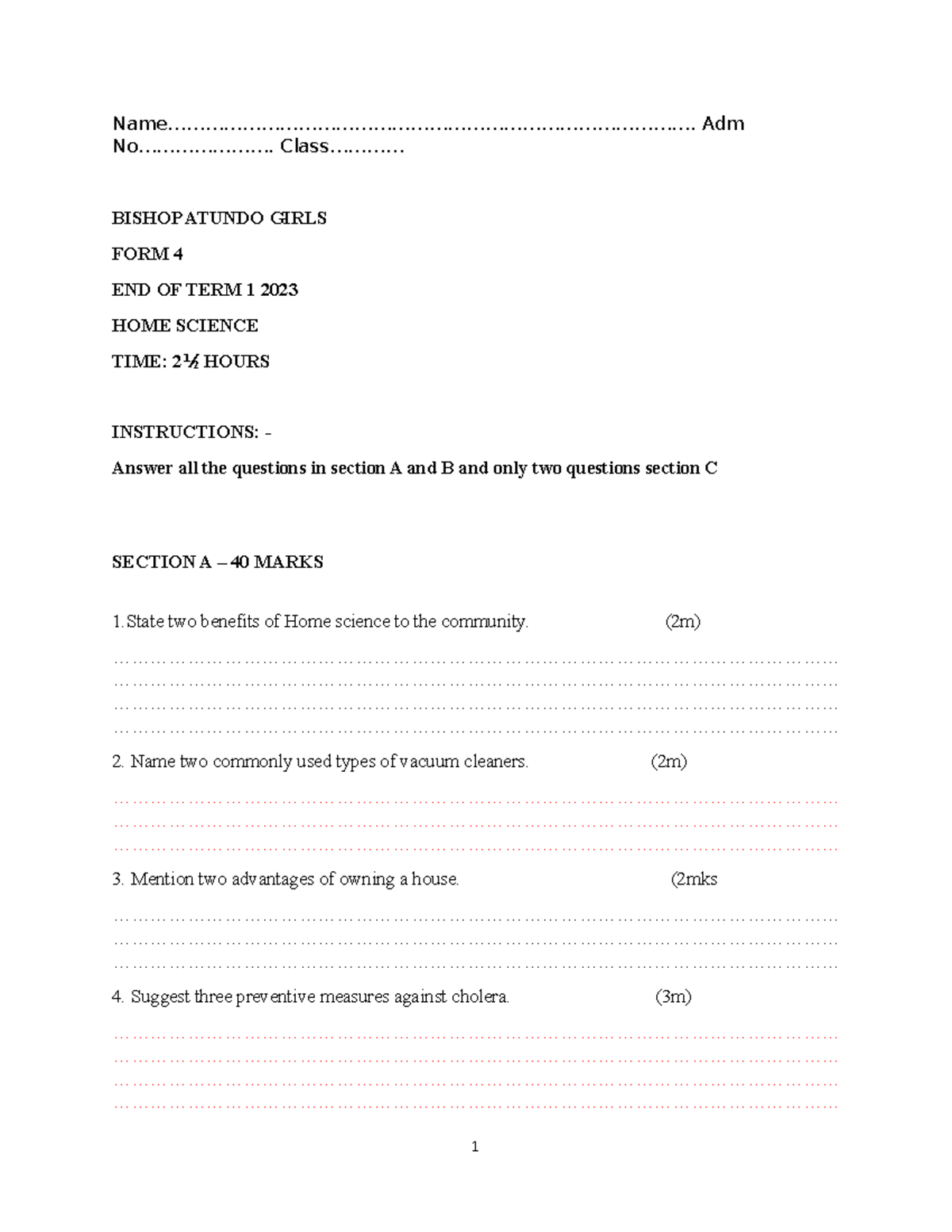 Form four end term 2 exam homescience - - Studocu