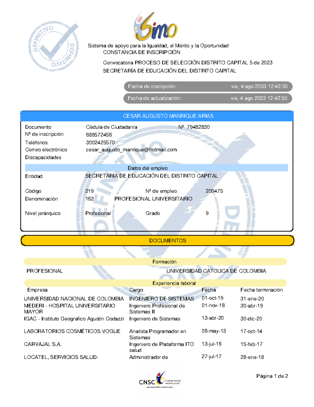 Inscripcion SIMO - Resumen Inferencia Estadística - Convocatoria PROCESO DE SELECCIÓN DISTRITO ...