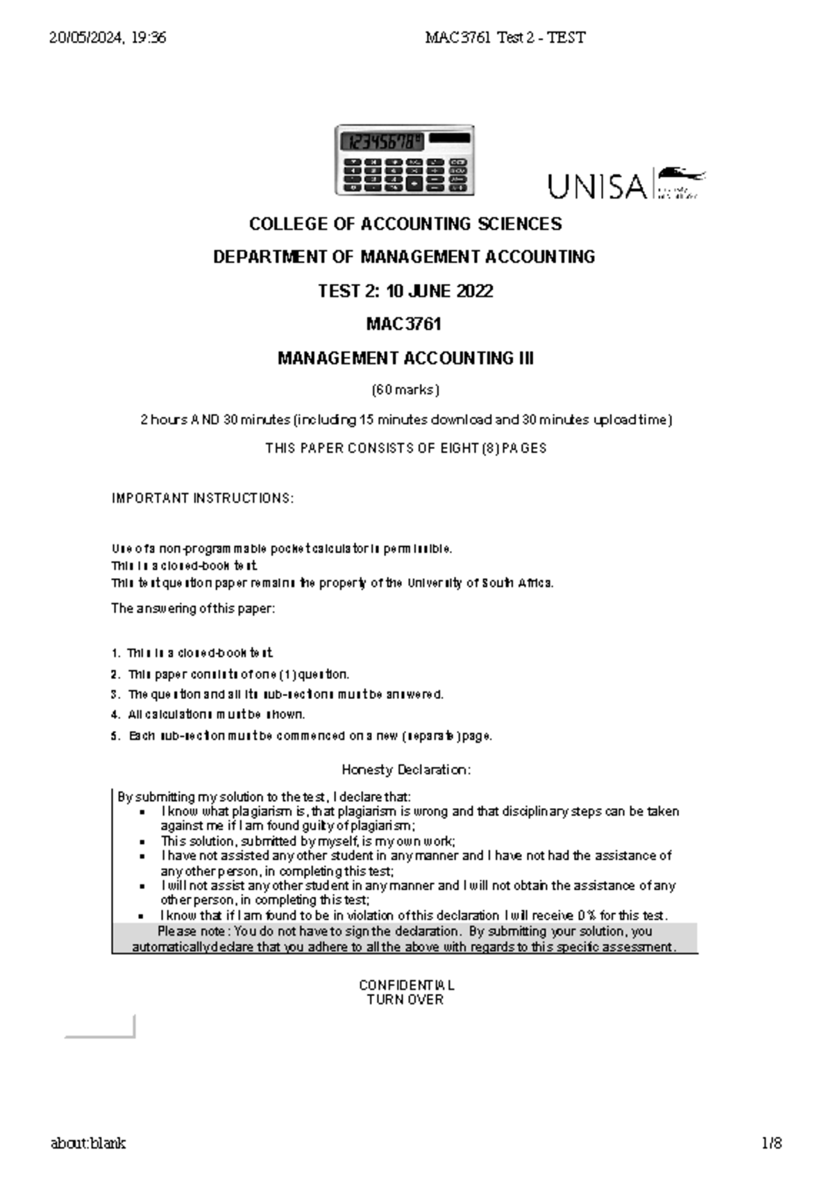 MAC3761 Test 2 - TEST - CONFIDENTIAL TURN OVER COLLEGE OF ACCOUNTING ...