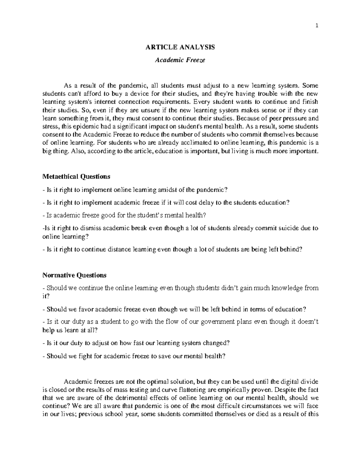 Article Analysis About Academic Break - 1 ARTICLE ANALYSIS Academic ...