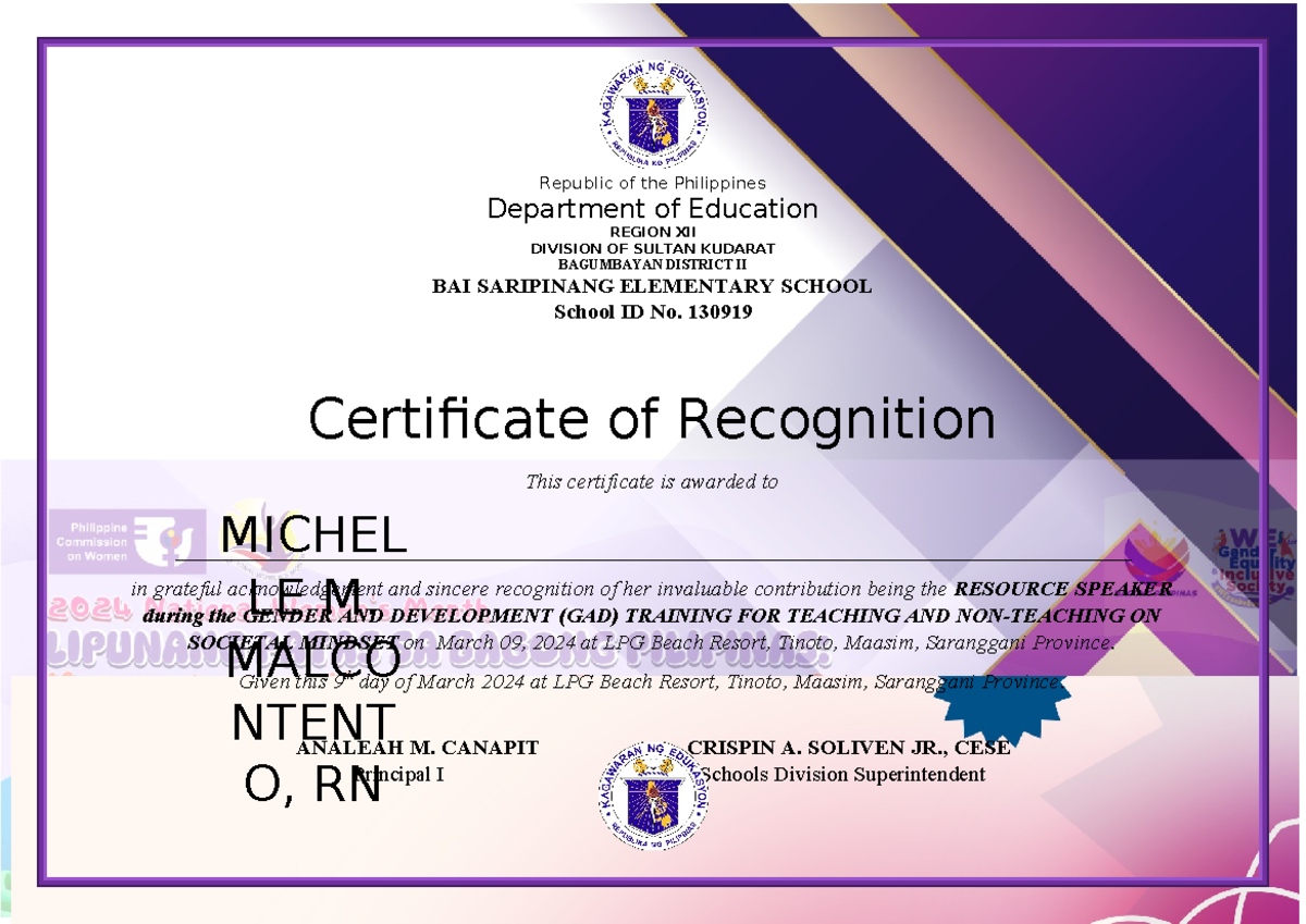 GAD- Certificate-2024 - Republic of the Philippines Department of Education REGION XII DIVISION ...