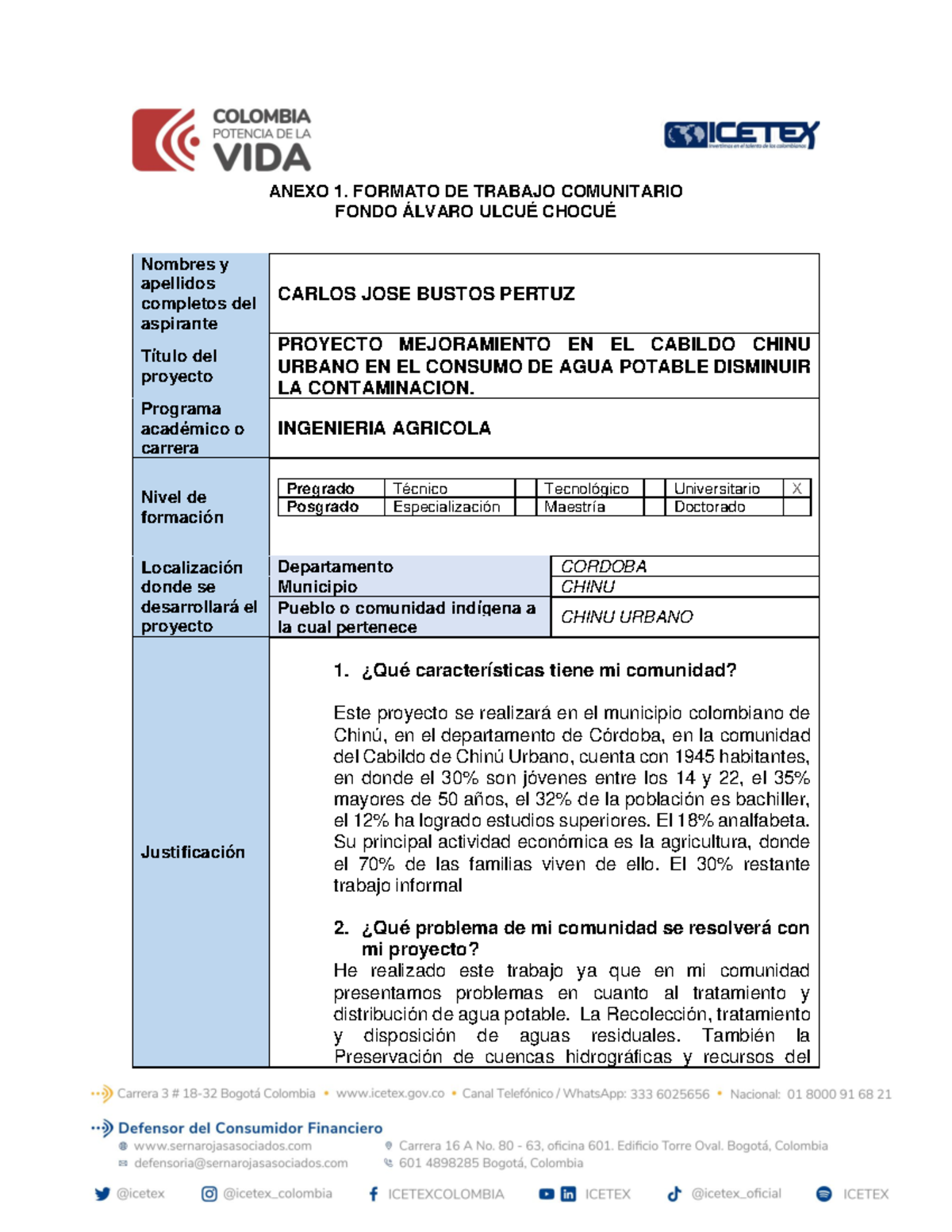 Proyecto DE Carlos Bustos - ANEXO 1. FORMATO DE TRABAJO COMUNITARIO ...