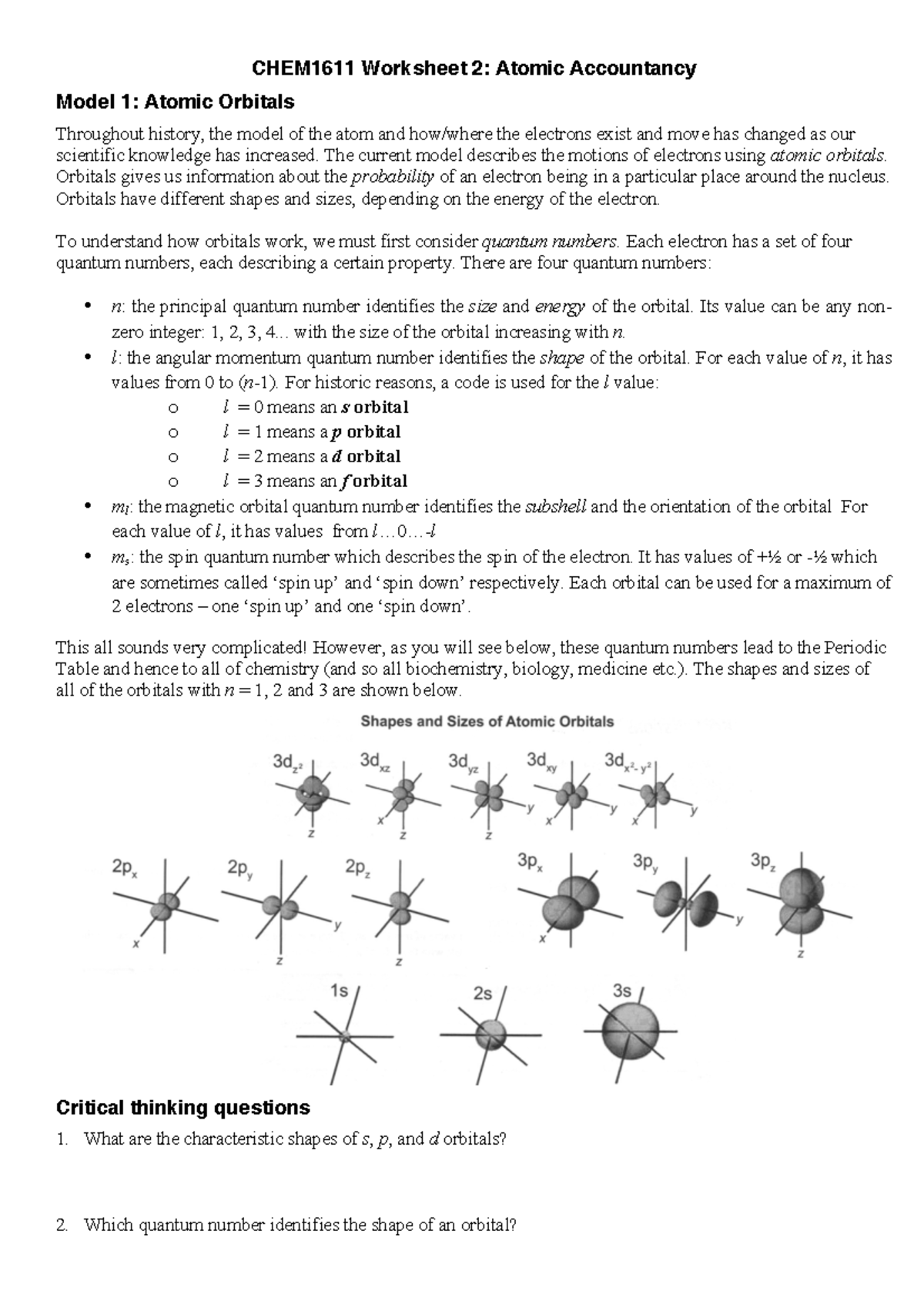 Tutorial 02 - tute questions - CHEM1611 Worksheet 2: Atomic Accountancy ...